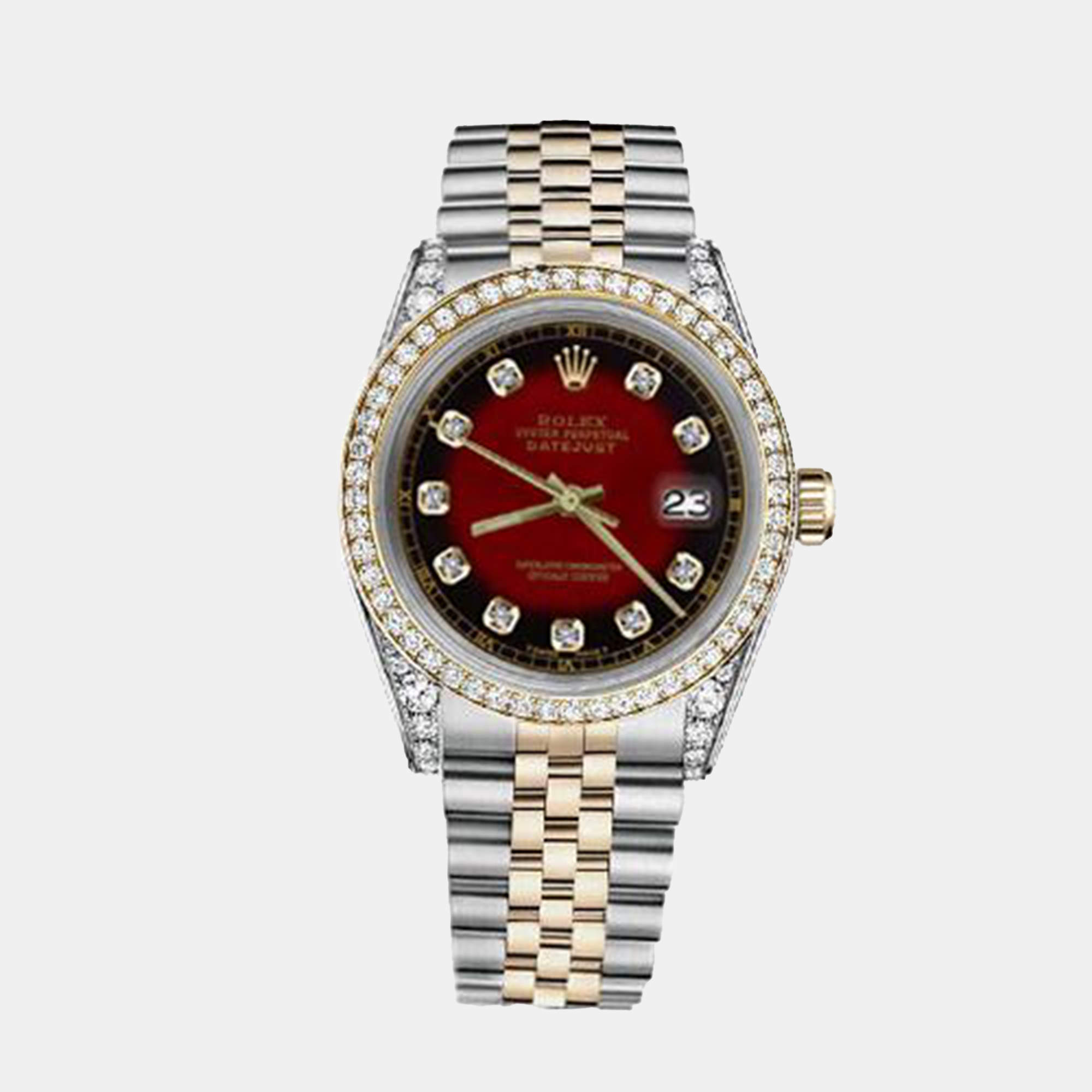 Men's Rolex 36mm Datejust Two Tone Bezel & Lugs Red Vignette Color Dial ...