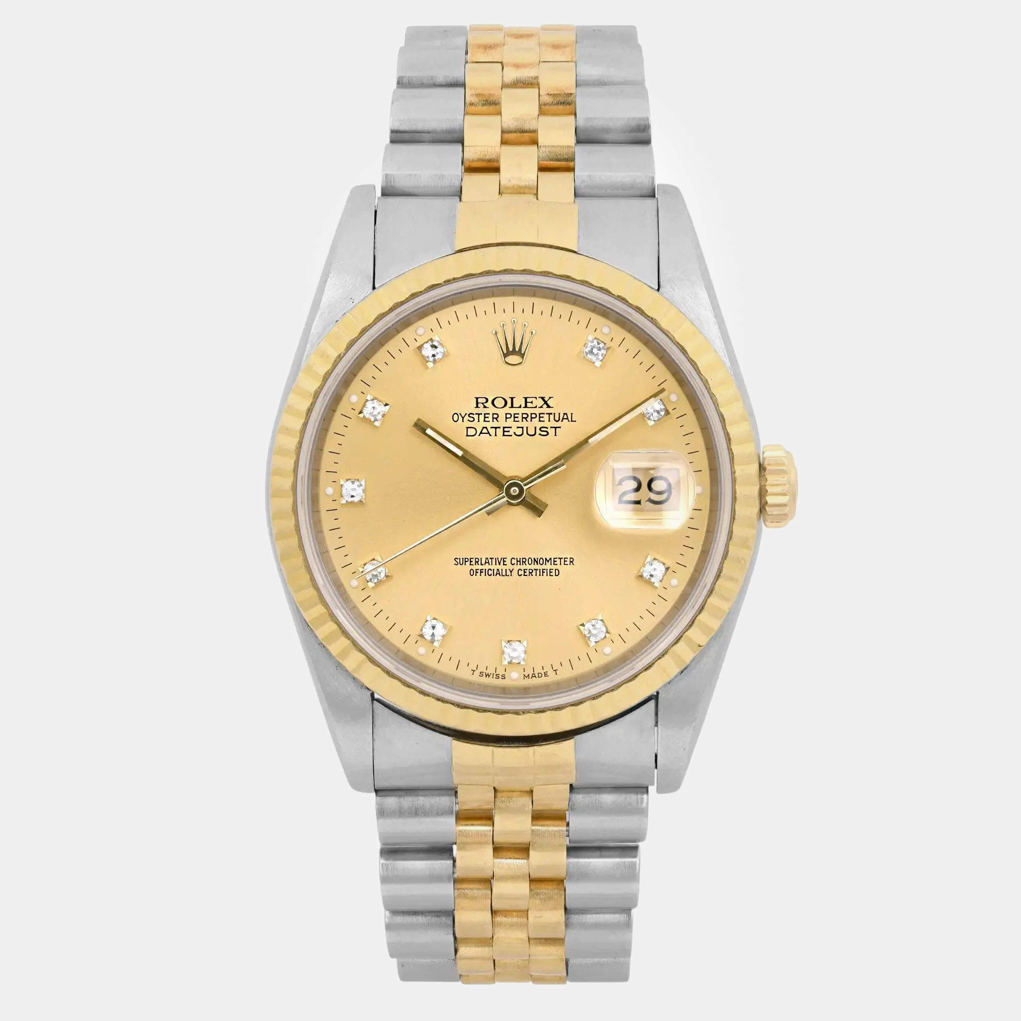 Rolex Champagne Diamond 18K Yellow Gold Datejust 16233G Automatic Men's ...