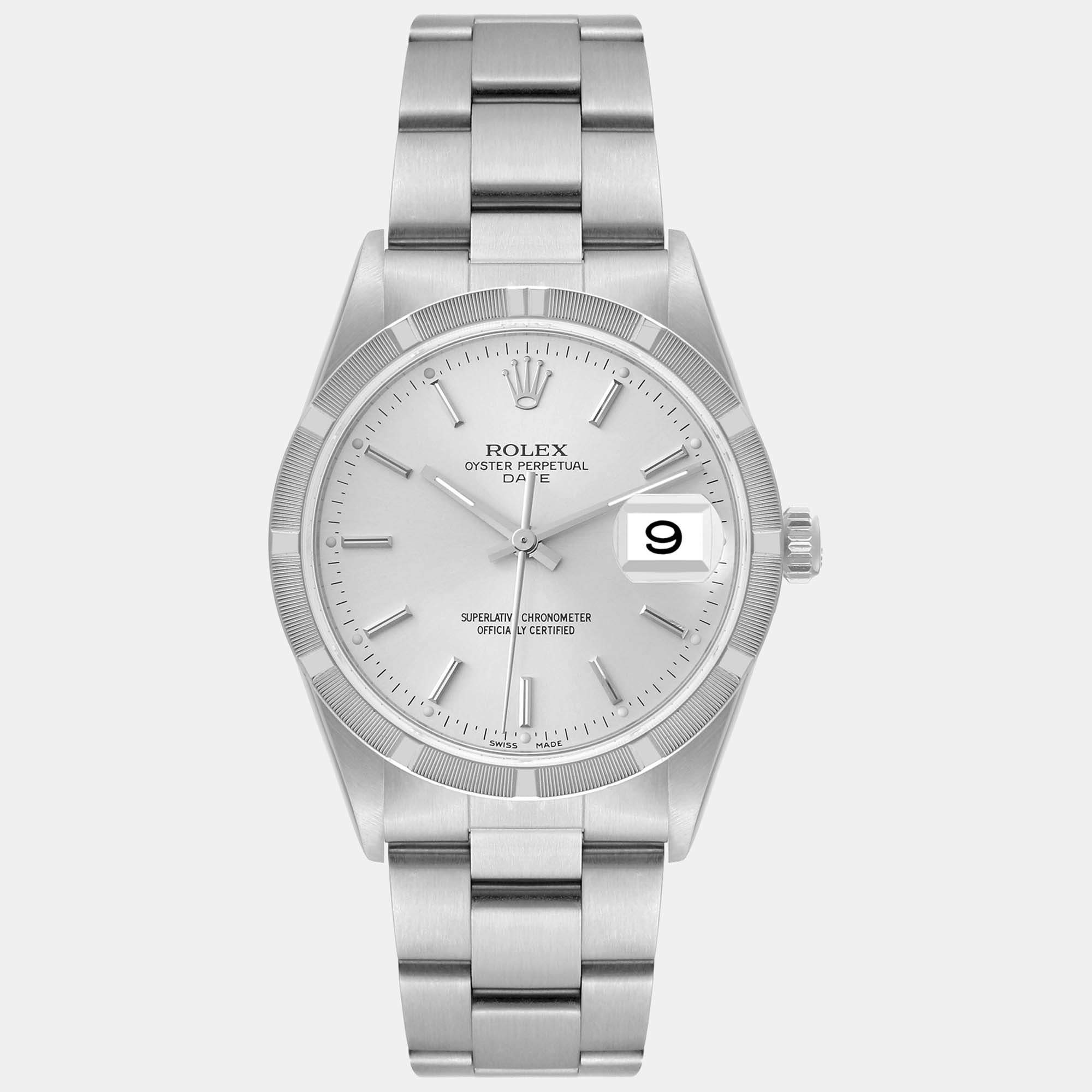 Rolex Date Silver Dial Engine Turned Bezel Steel Men's Watch 34 mm