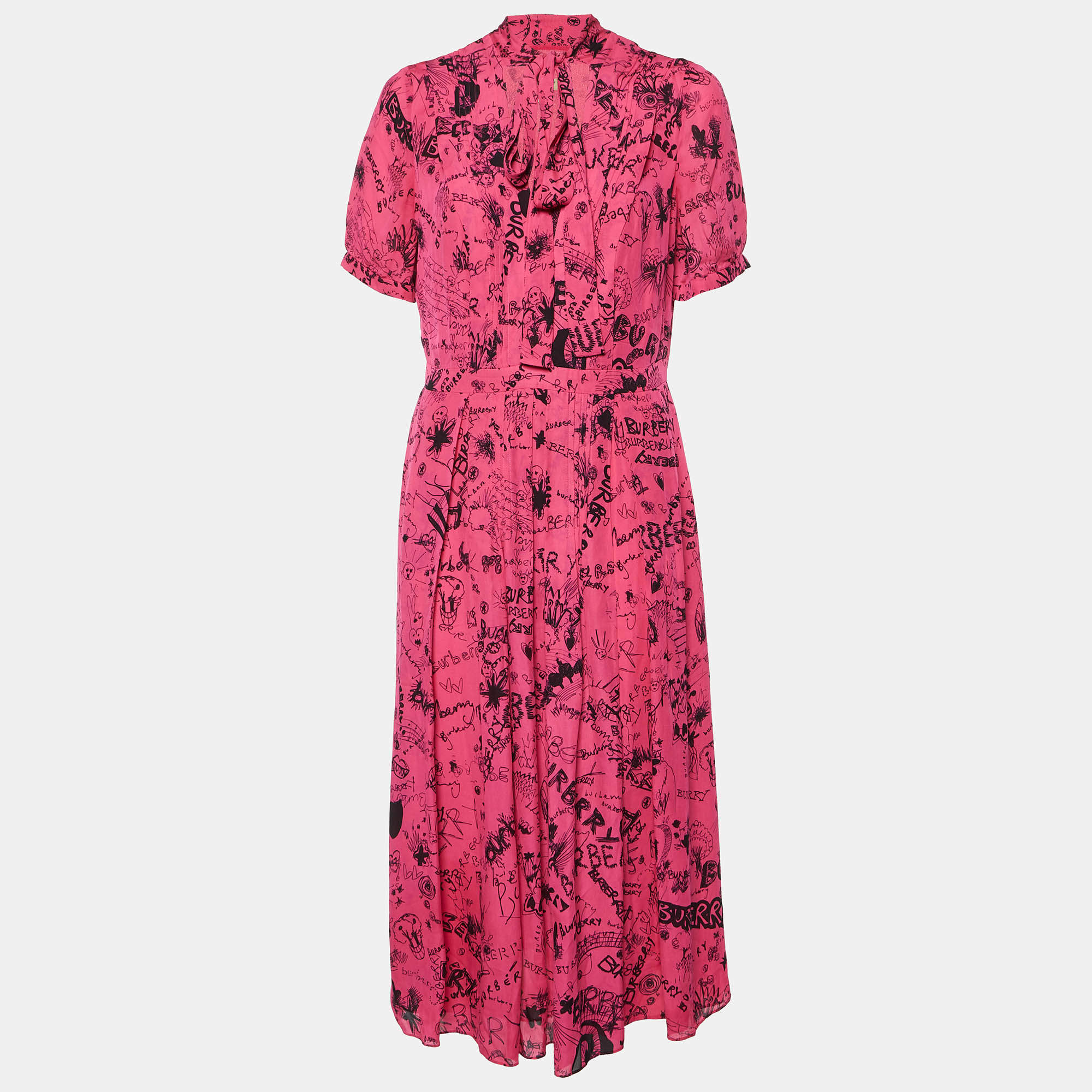 Burberry Pink Antonina Doodle Print Silk Pleated Midi Dress M Burberry TLC