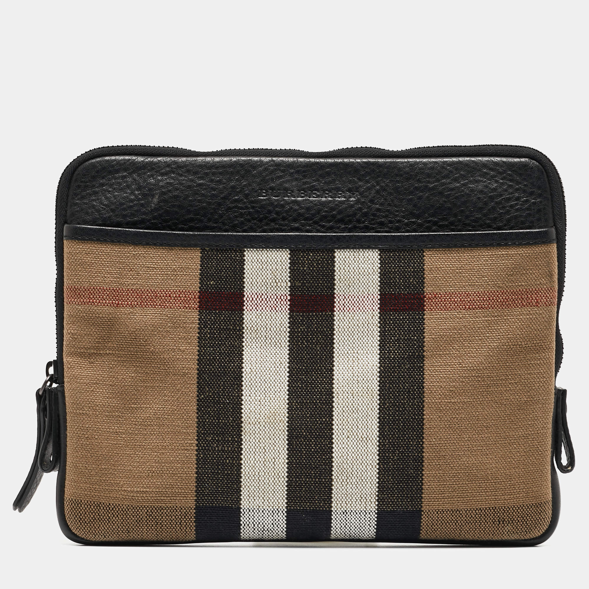Burberry Beige/Black Exploded Check Canvas and Leather Zip Pouch ...