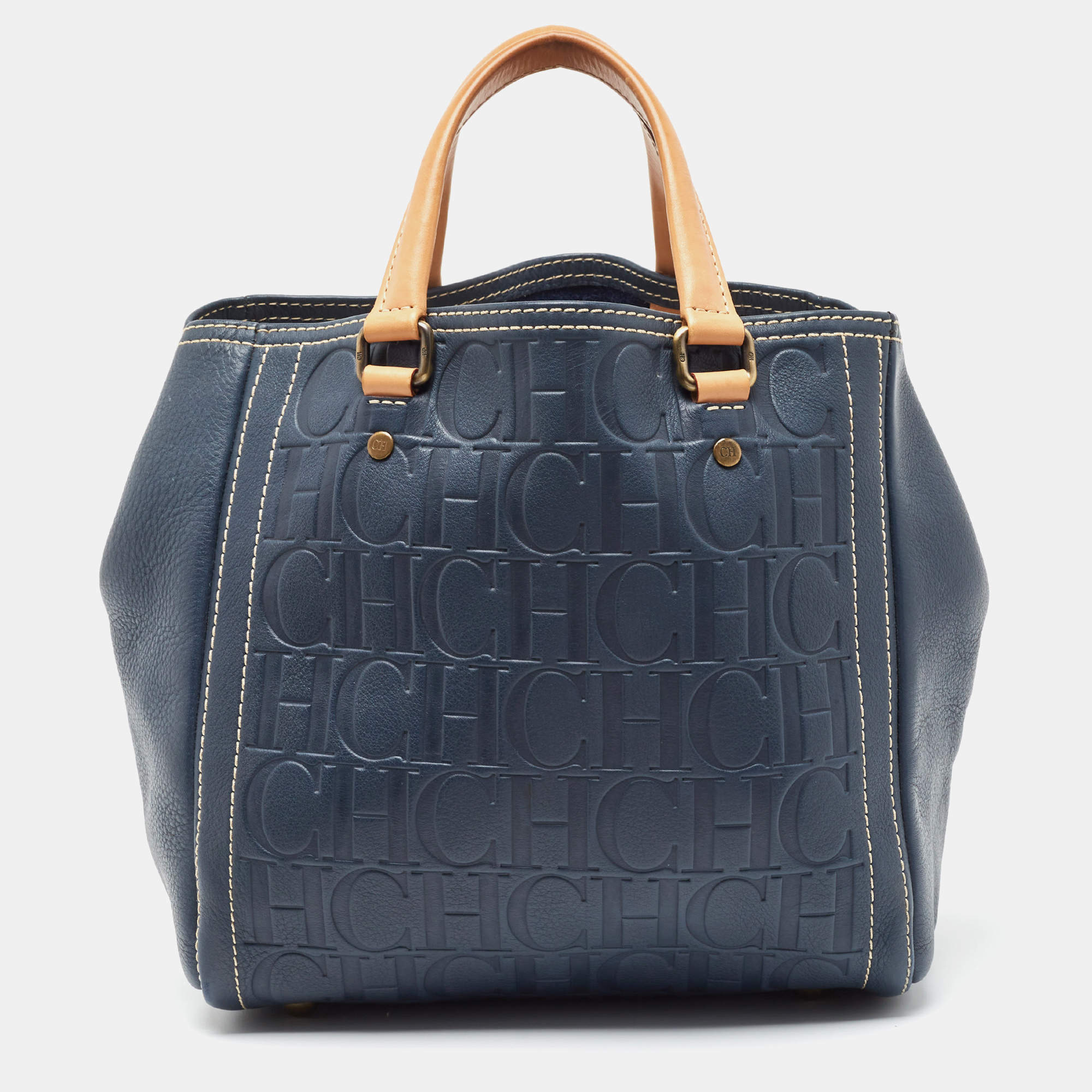 Carolina Herrera Navy Blue/Beige Monogram Embossed Leather Andy Tote ...