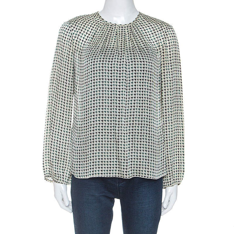 CH Carolina Herrera Cream Geometric Print Silk Blouse M CH Carolina ...