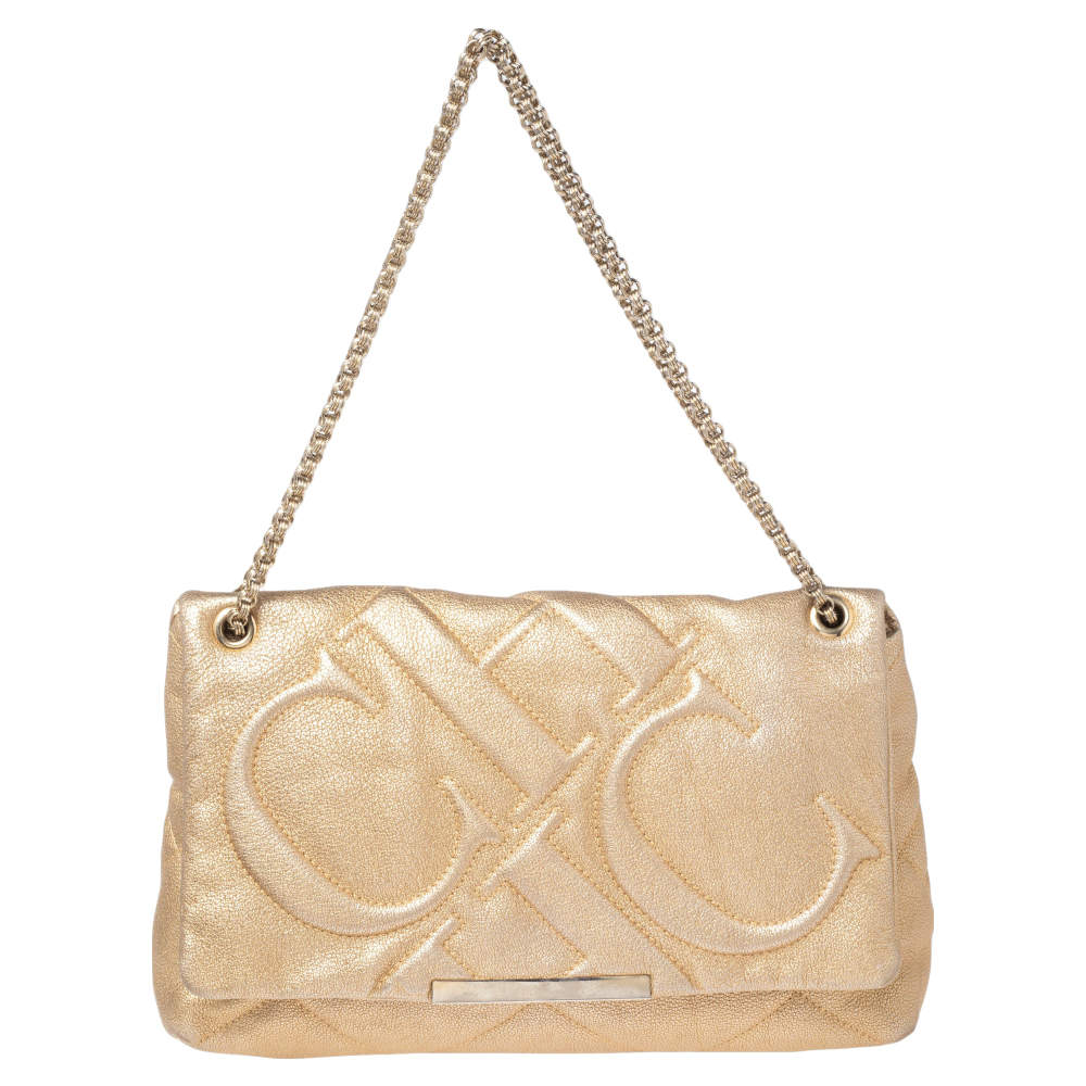 CH Carolina Herrera Metallic Gold Embossed Leather Metal Flap Shoulder ...