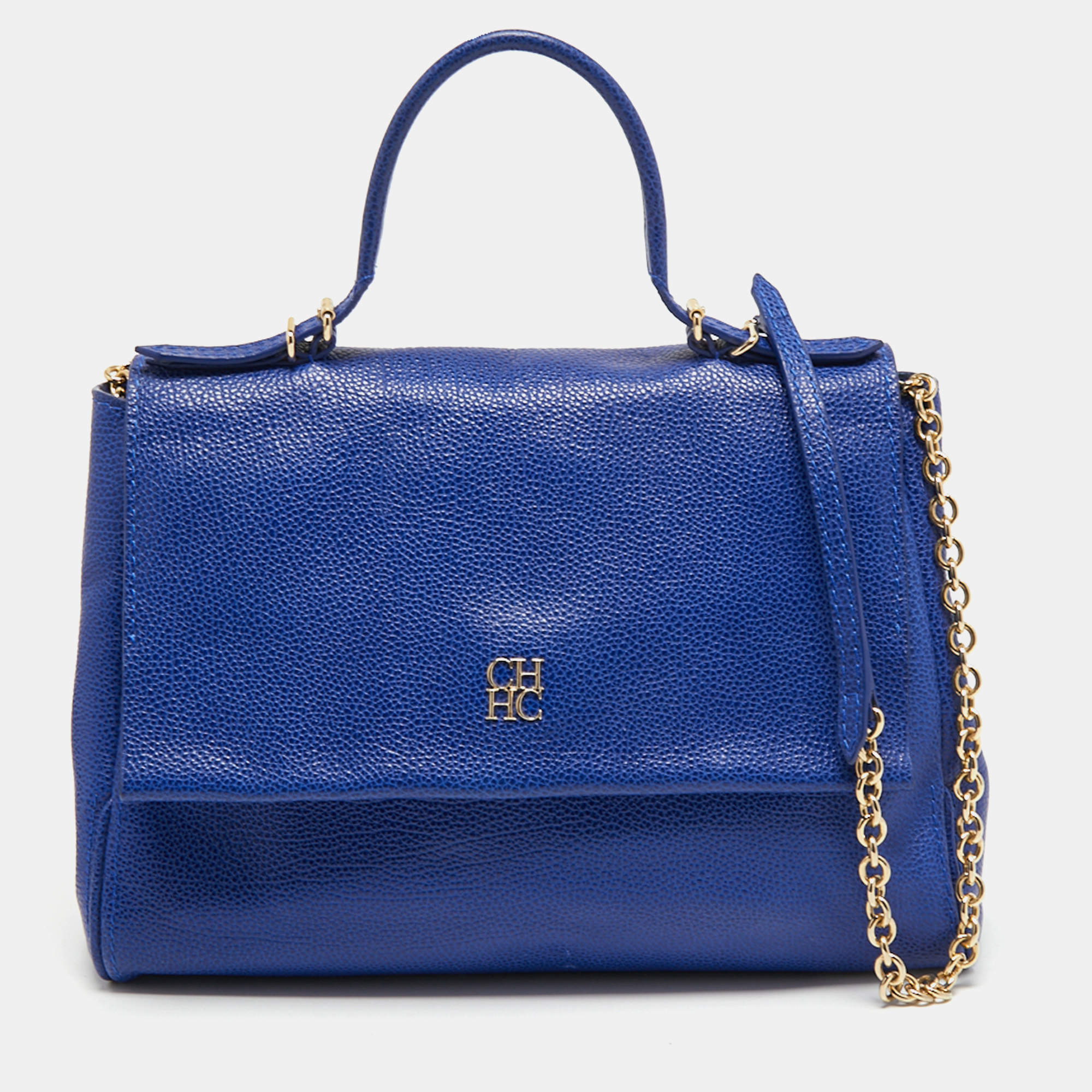 CH Carolina Herrera Blue Leather Minuetto Flap Top Handle Bag CH ...