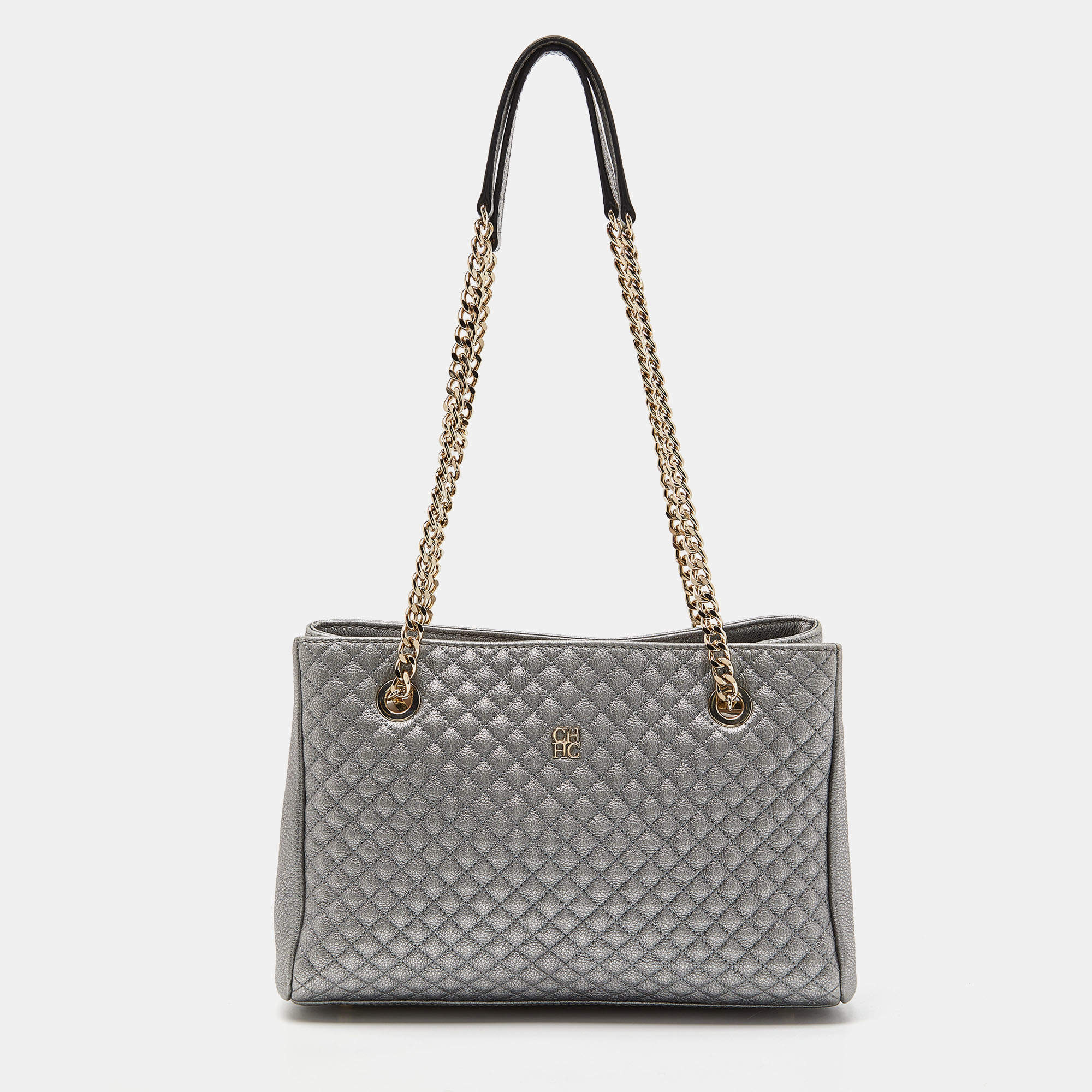 CH Carolina Herrera Metallic Silver Micro Quilted Leather Chain Tote CH ...