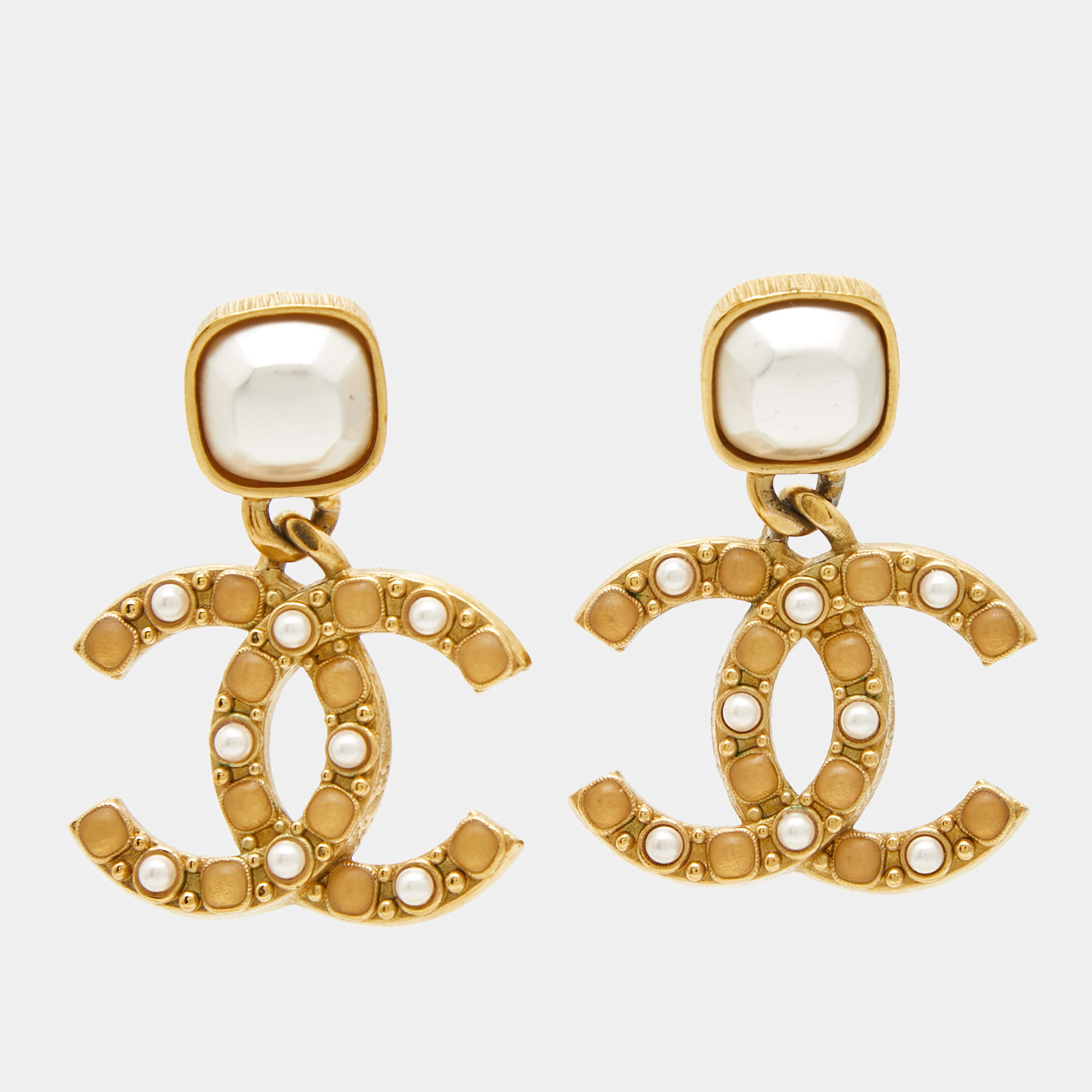 Chanel CC Faux Pearl Resin Gold Drop Earrings Chanel TLC