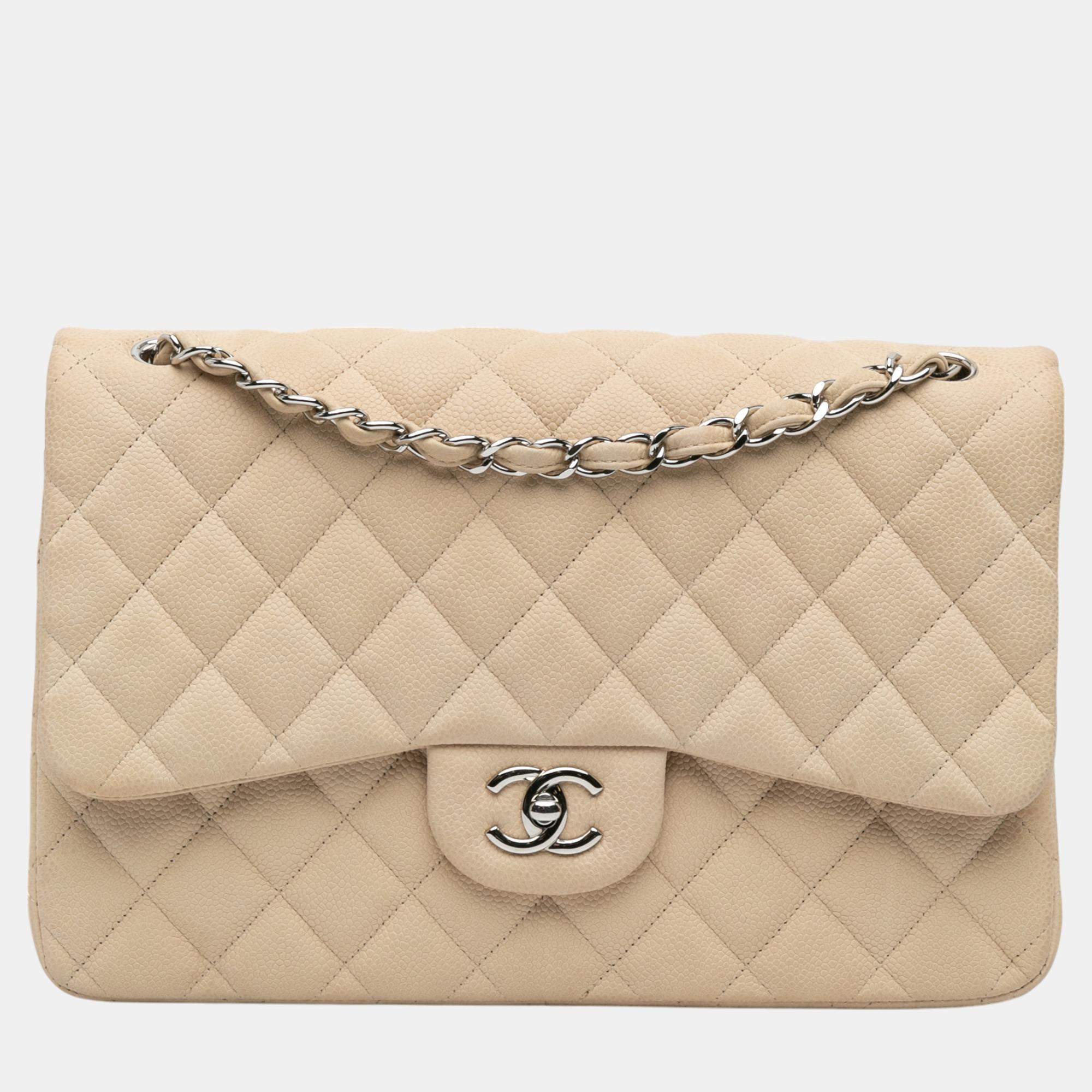 Chanel Beige Caviar Jumbo Classic Double Flap Bag