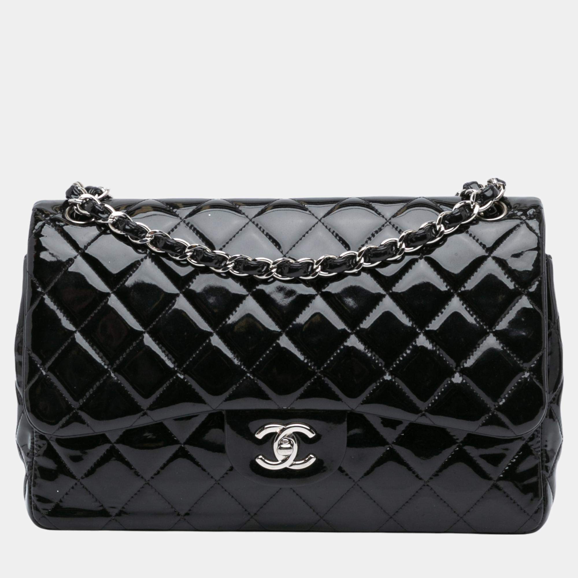 Chanel Black Jumbo Classic Patent Double Flap
