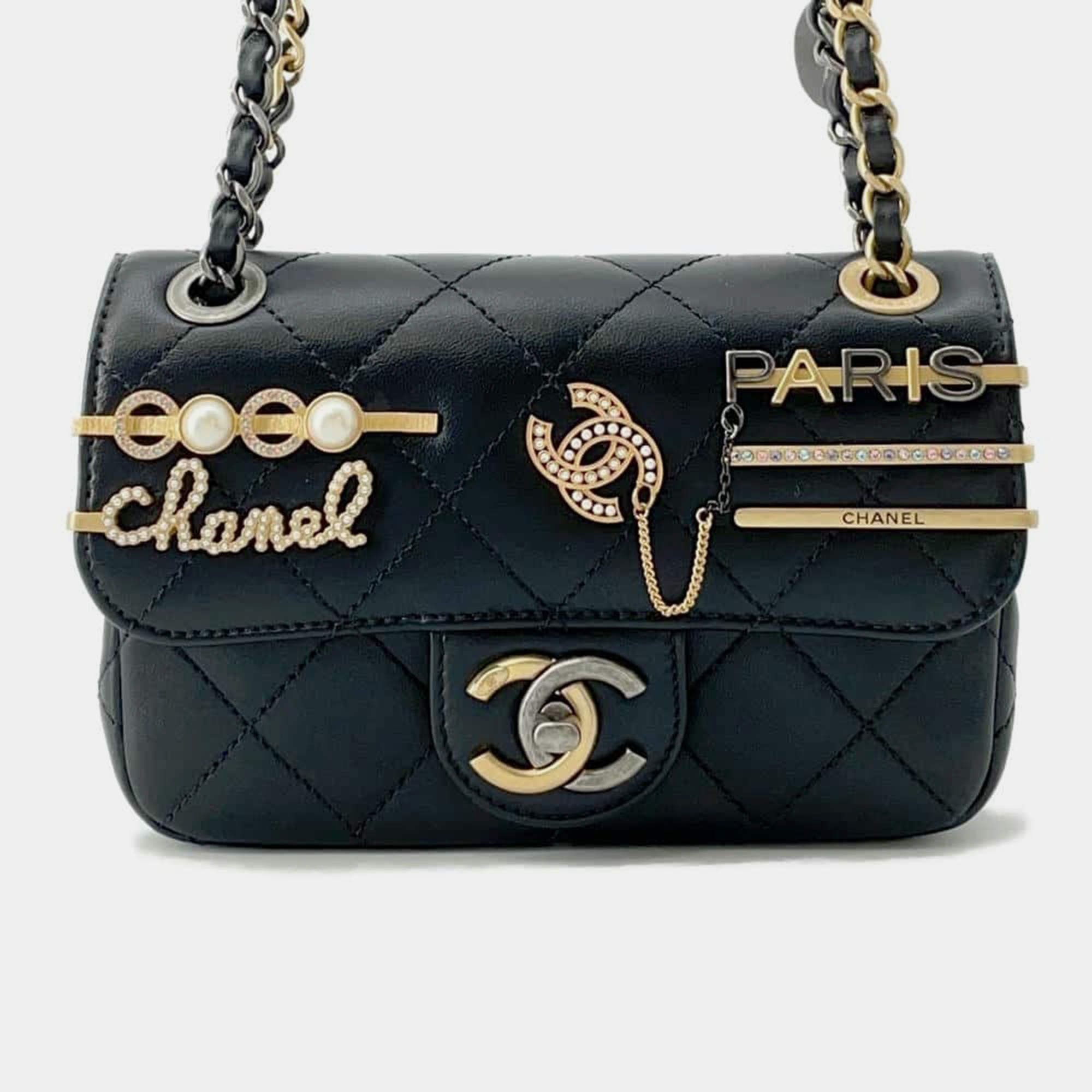 Chanel Black Lambskin Charm Single Flap Mini Chain Shoulder Bag