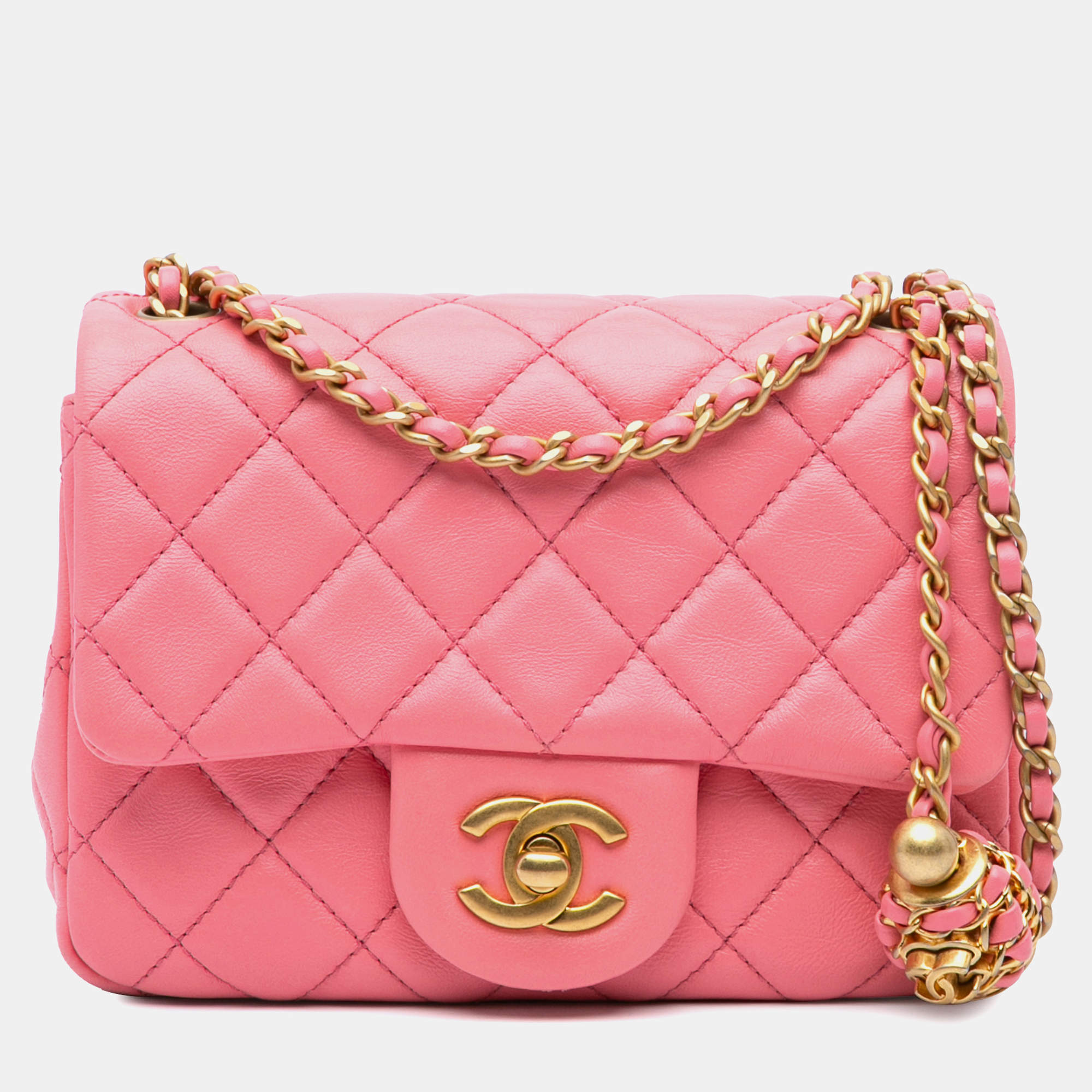 Chanel Pink Mini Square Classic Lambskin Pearl Crush Single Flap Bag ...