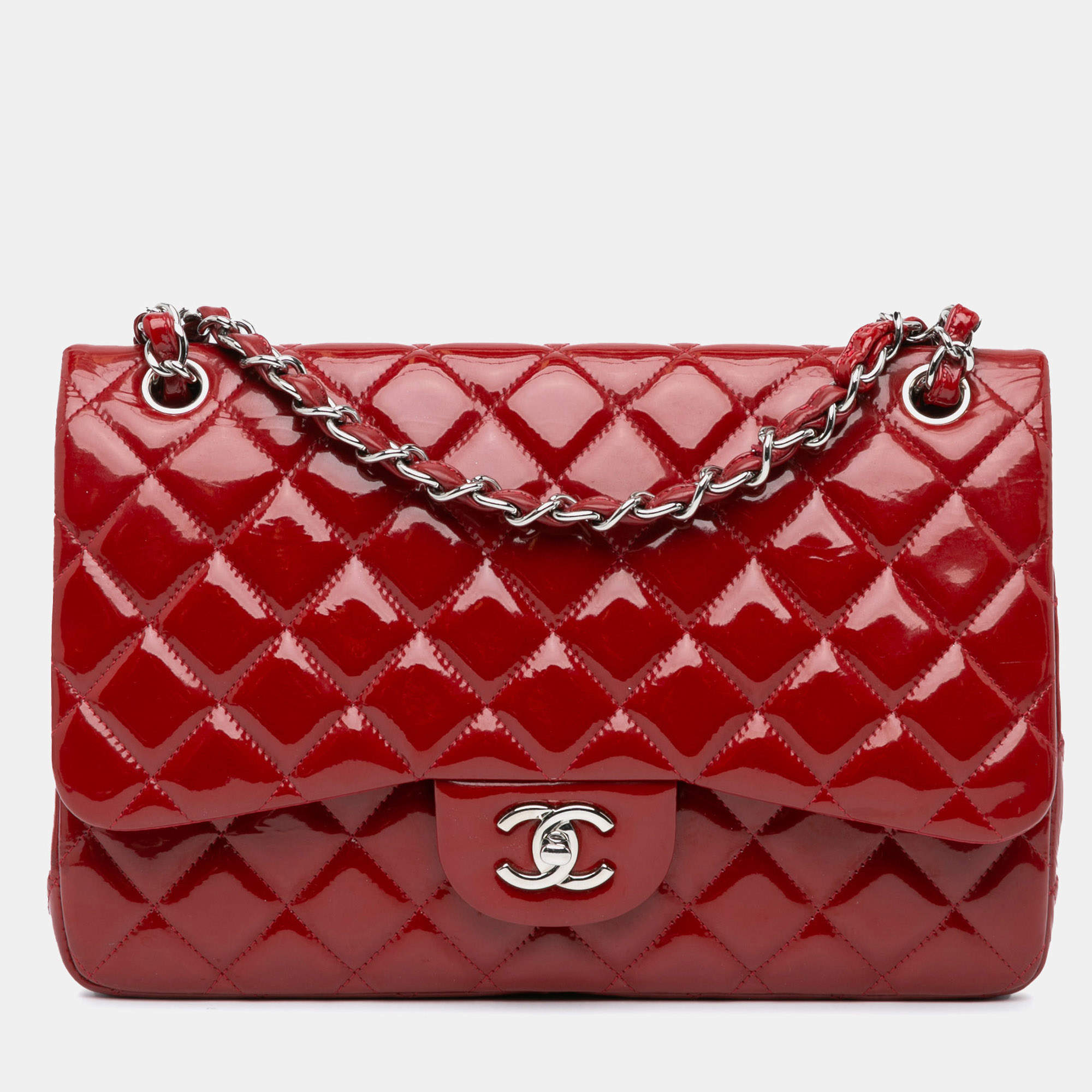 Chanel Red Jumbo Classic Patent Double Flap