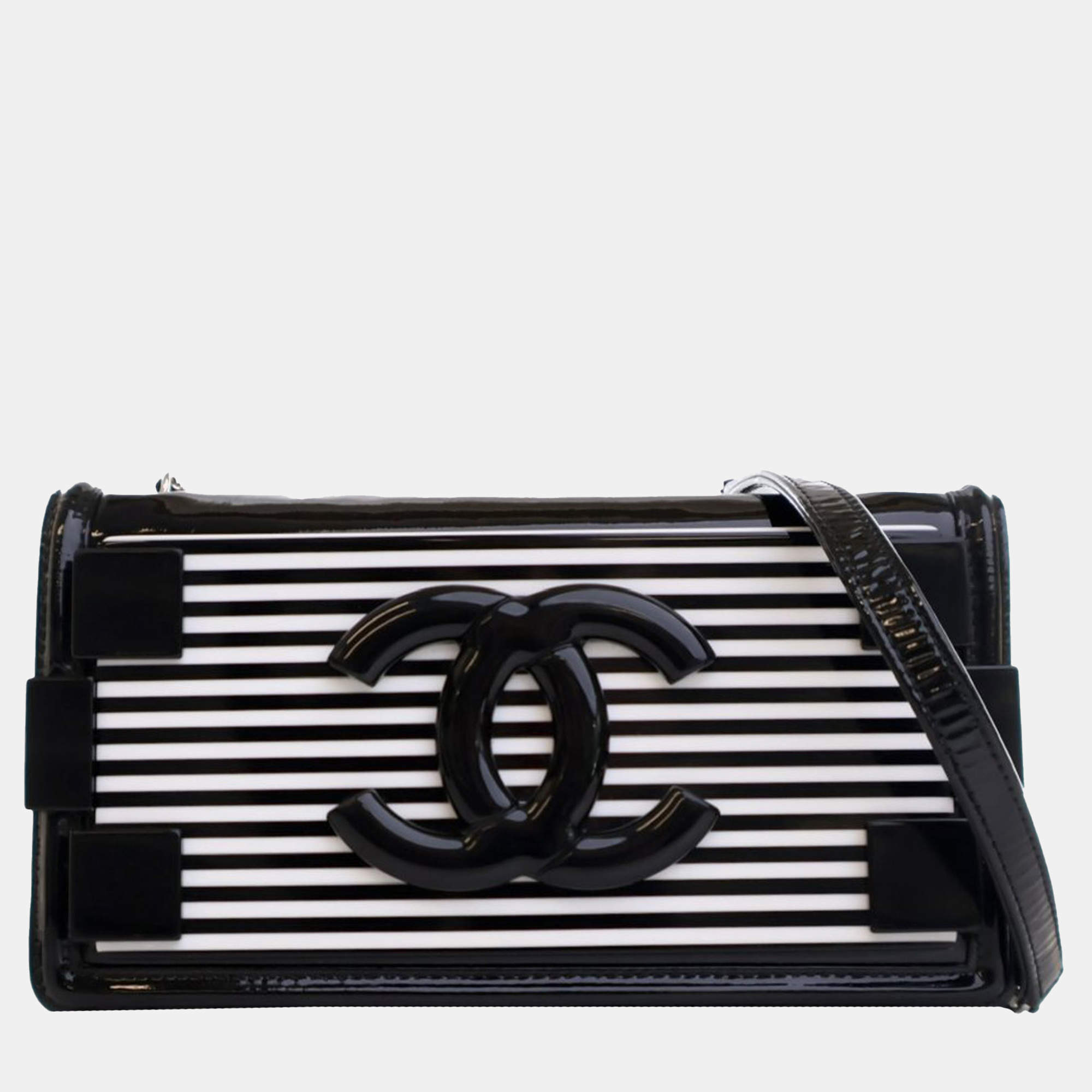 Chanel Black/White Patent and Acrylic Striped Boy Brick Horizontal Flap ...