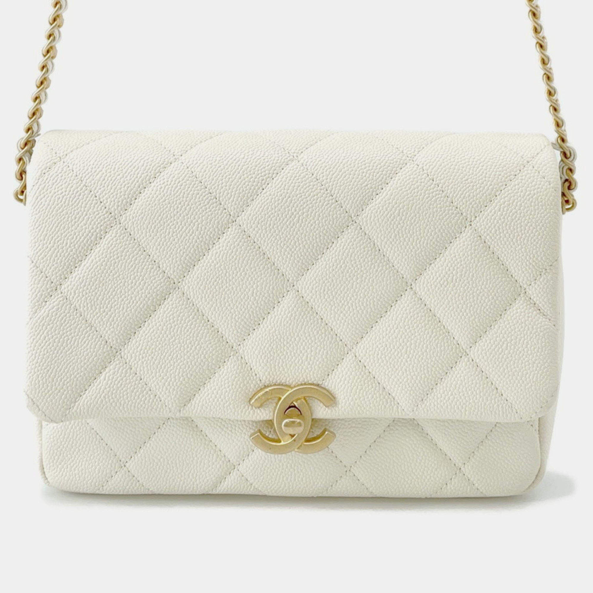 Chanel Chain Shoulder Bag Matelasse Coco Mark Caviar Skin White Chanel ...
