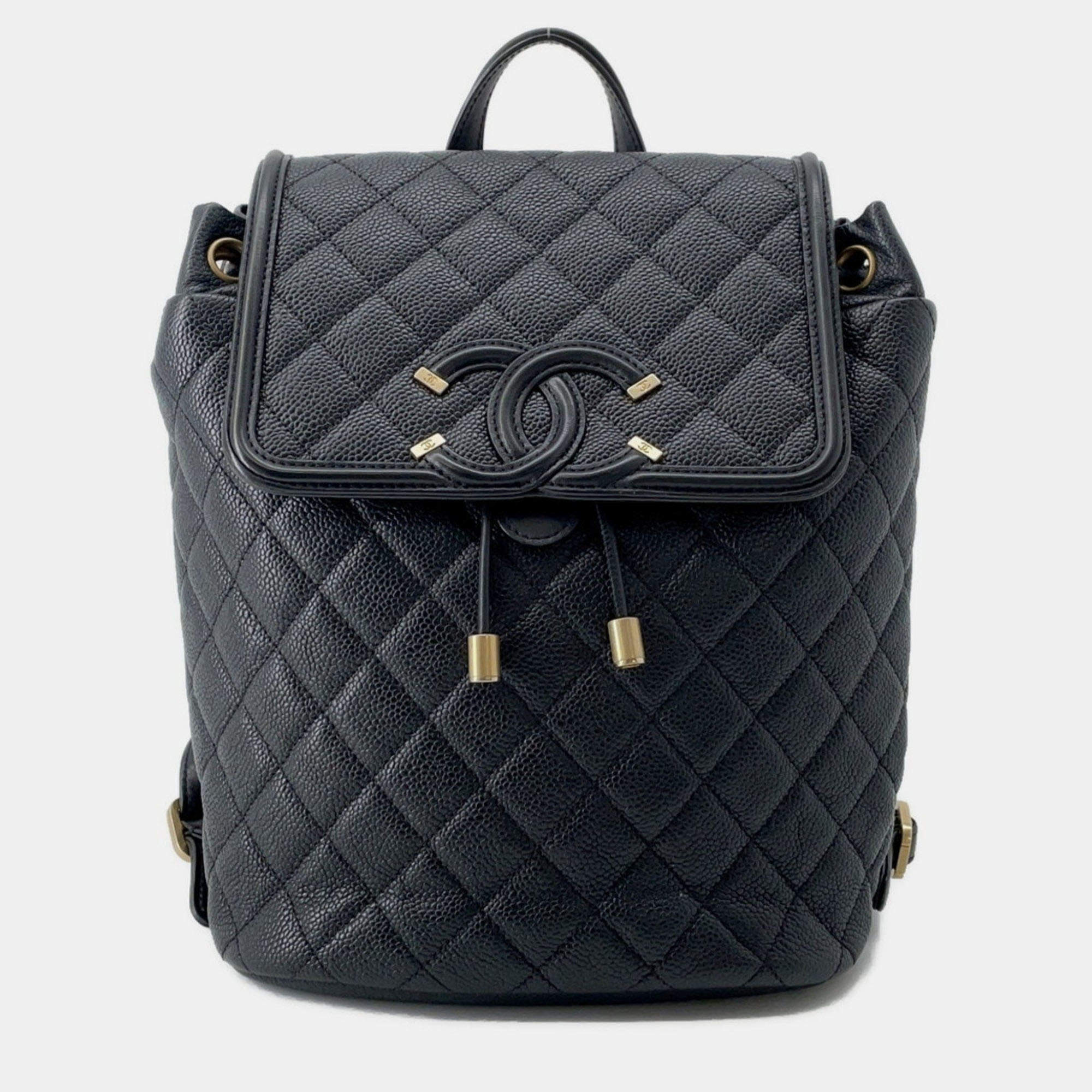 Chanel Backpack Matelasse Coco Mark Cc Filigree Caviar Skin Black ...