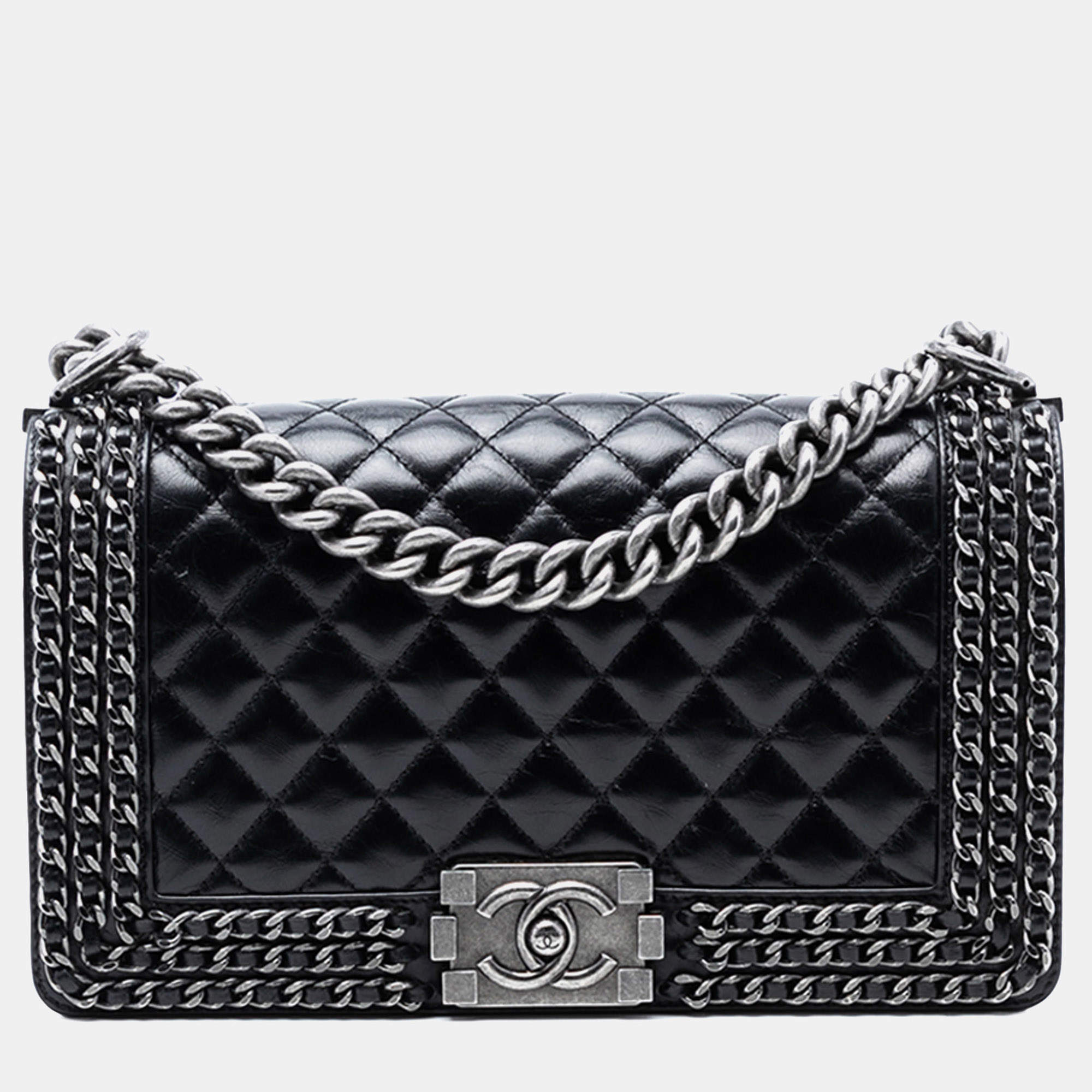 Chanel Black Old Medium Quilted Glazed Calfskin Chain Around Boy Flap ...