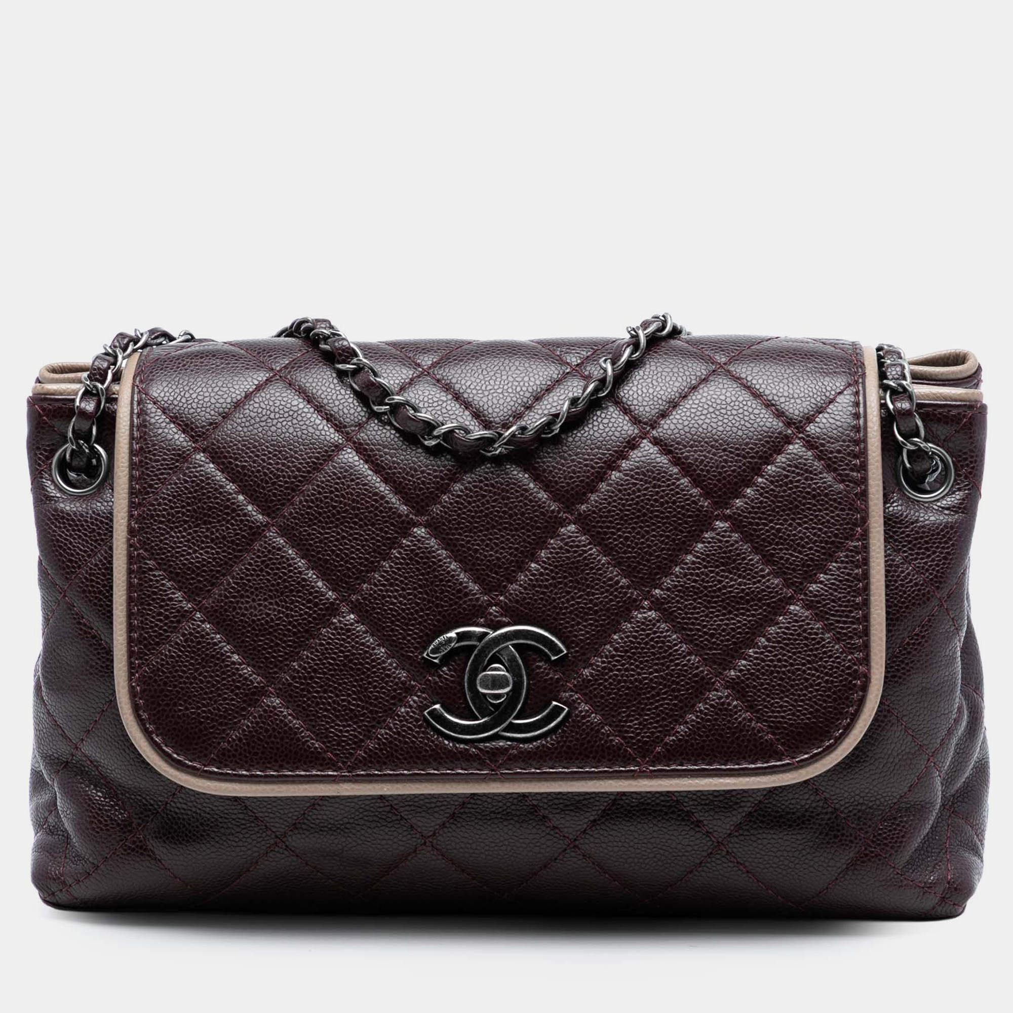 Chanel Brown Red CC Quilted Caviar Border Flap Chanel | TLC