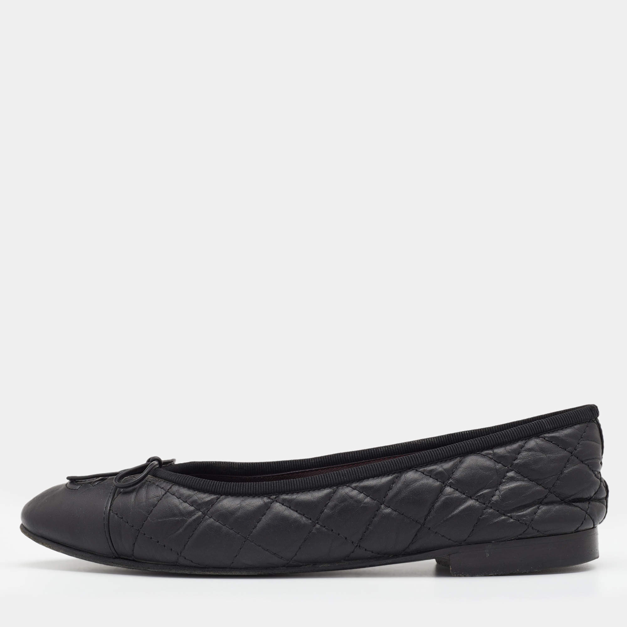 Chanel Black Quilted Leather CC Cap Toe Bow Ballet Flats Size 38 Chanel | The Luxury Closet