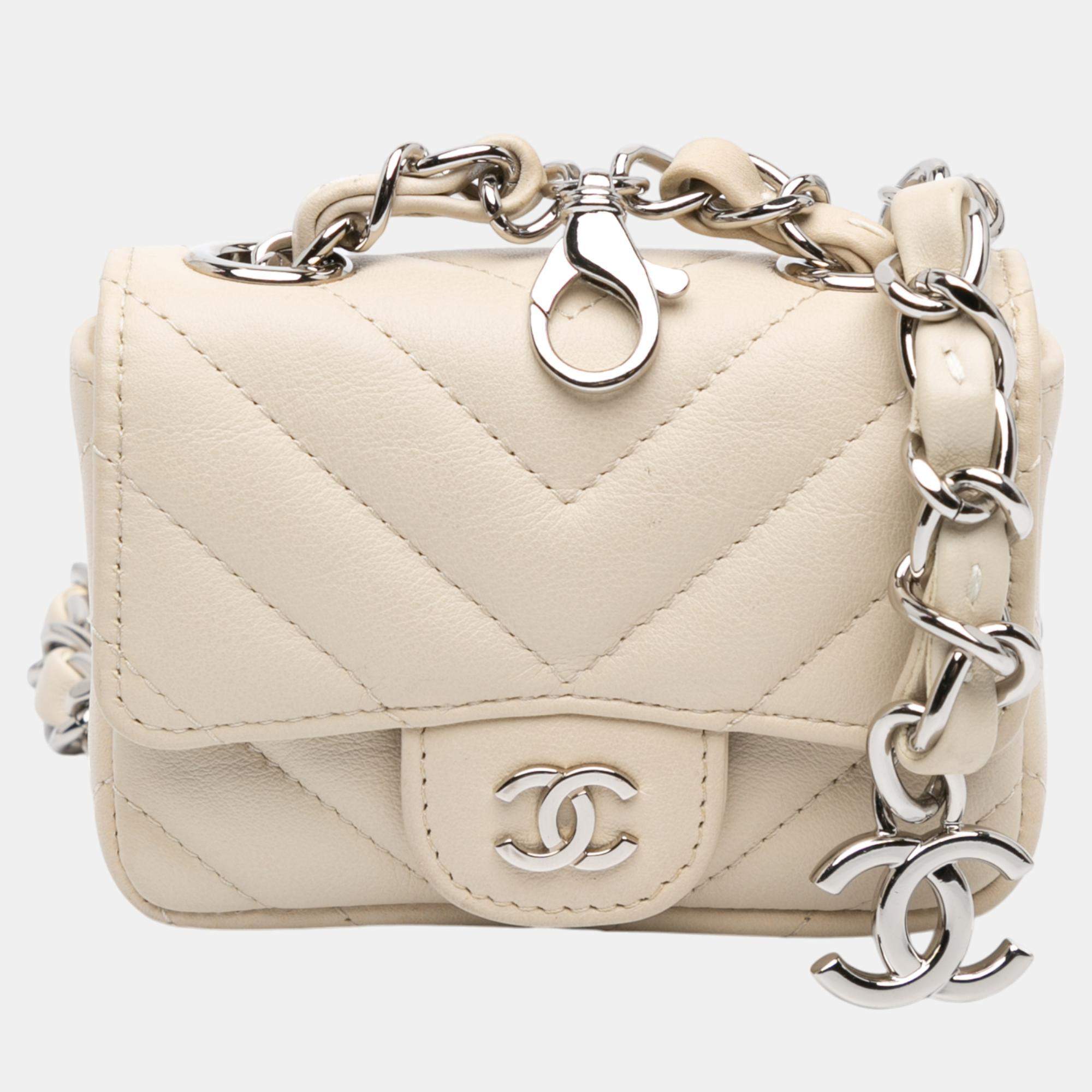 Chanel White Mini Chevron Lambskin Card Holder Chain Belt Bag Chanel ...