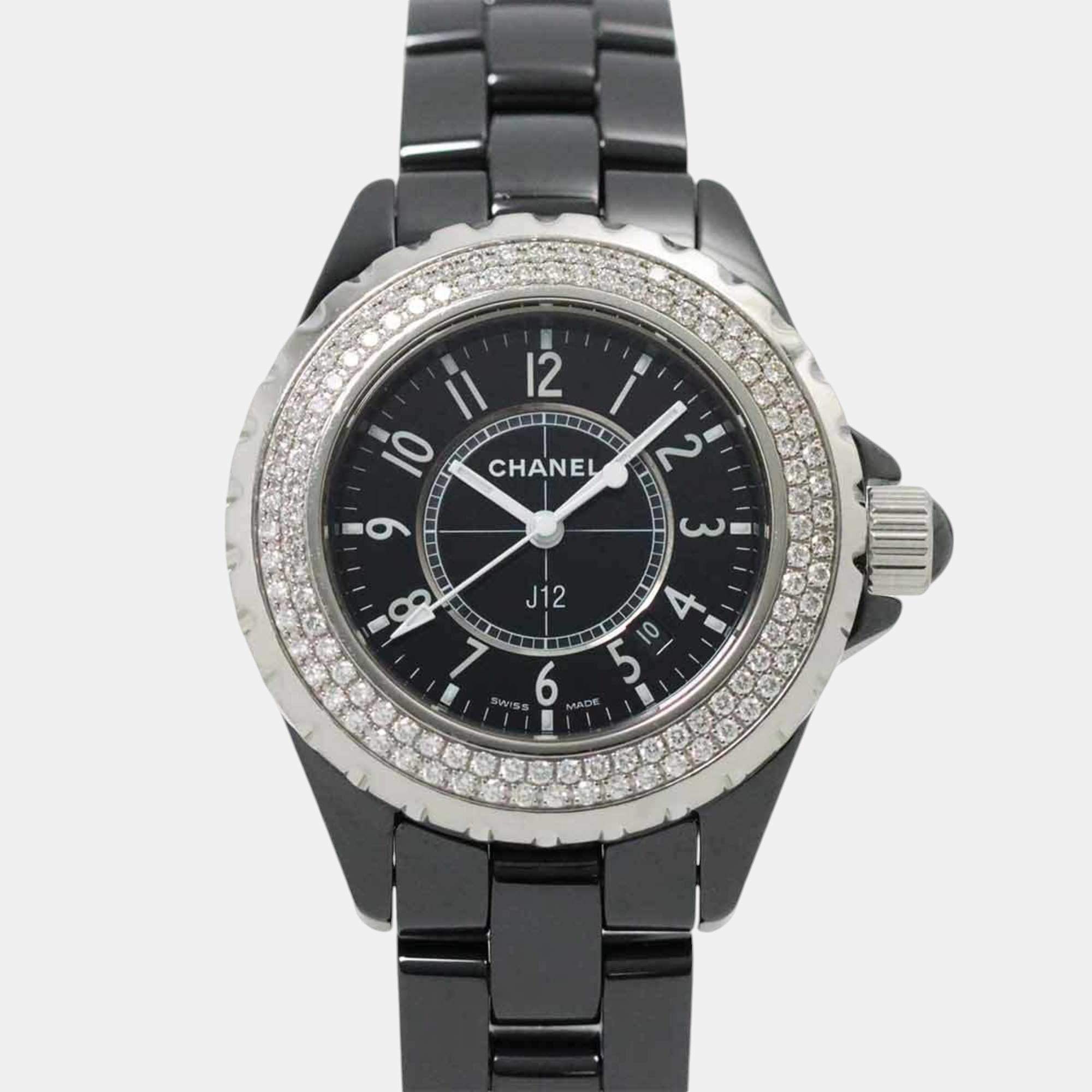Chanel Black Ceramic J12 33mm H0949 Diamond Bezel Ladies Watch Chanel ...