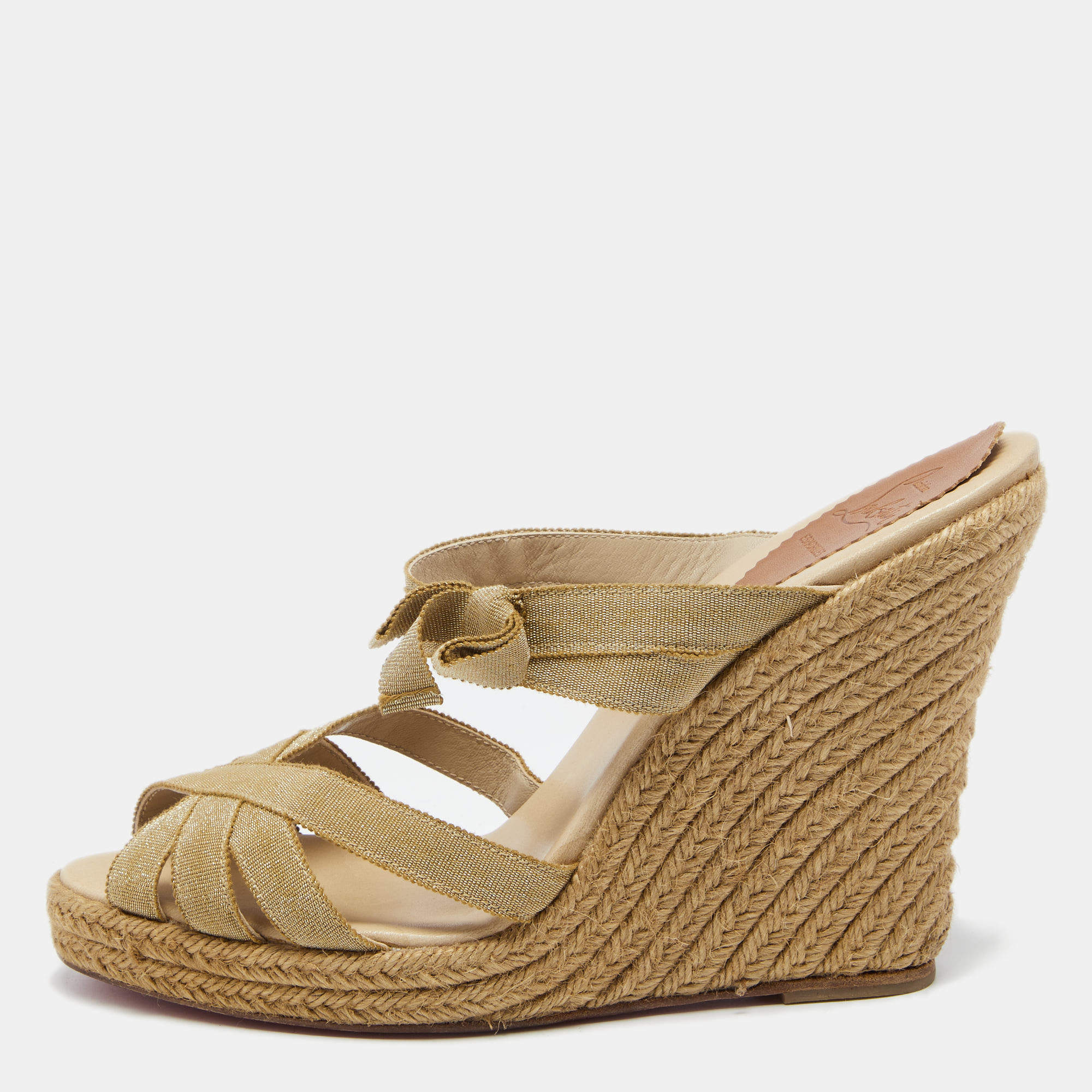 Christian Louboutin Gold Fabric Delfin Espadrille Wedge Sandals Size 41 ...