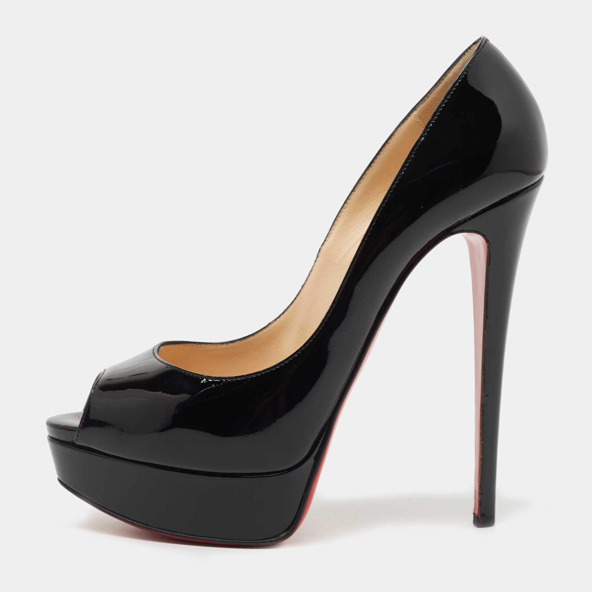 Christian Louboutin Black Patent Leather Lady Peep Pumps Size 38.5 ...