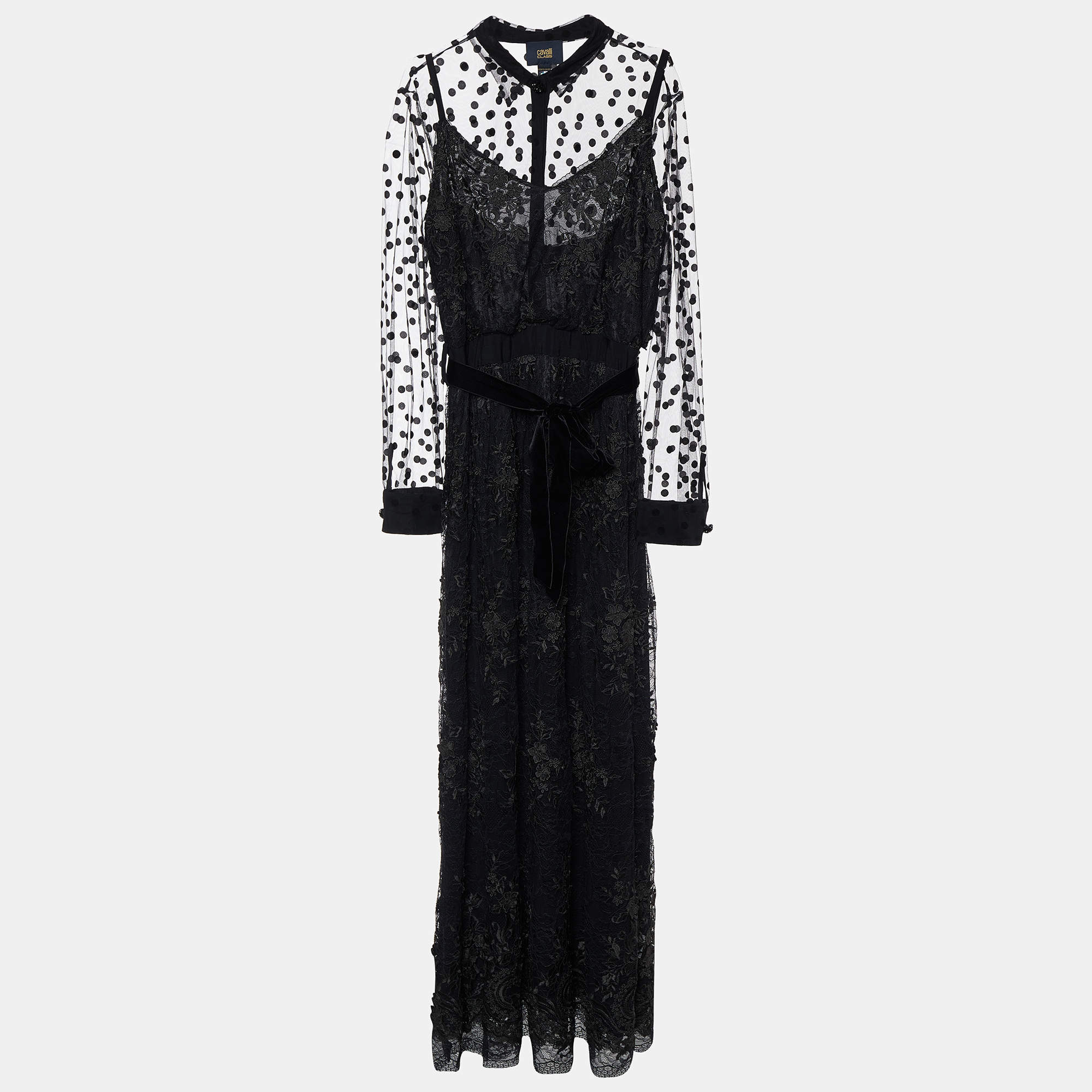 Cavalli Class Black Lace & Tulle Mock Neck Belted Maxi Dress XL Class ...