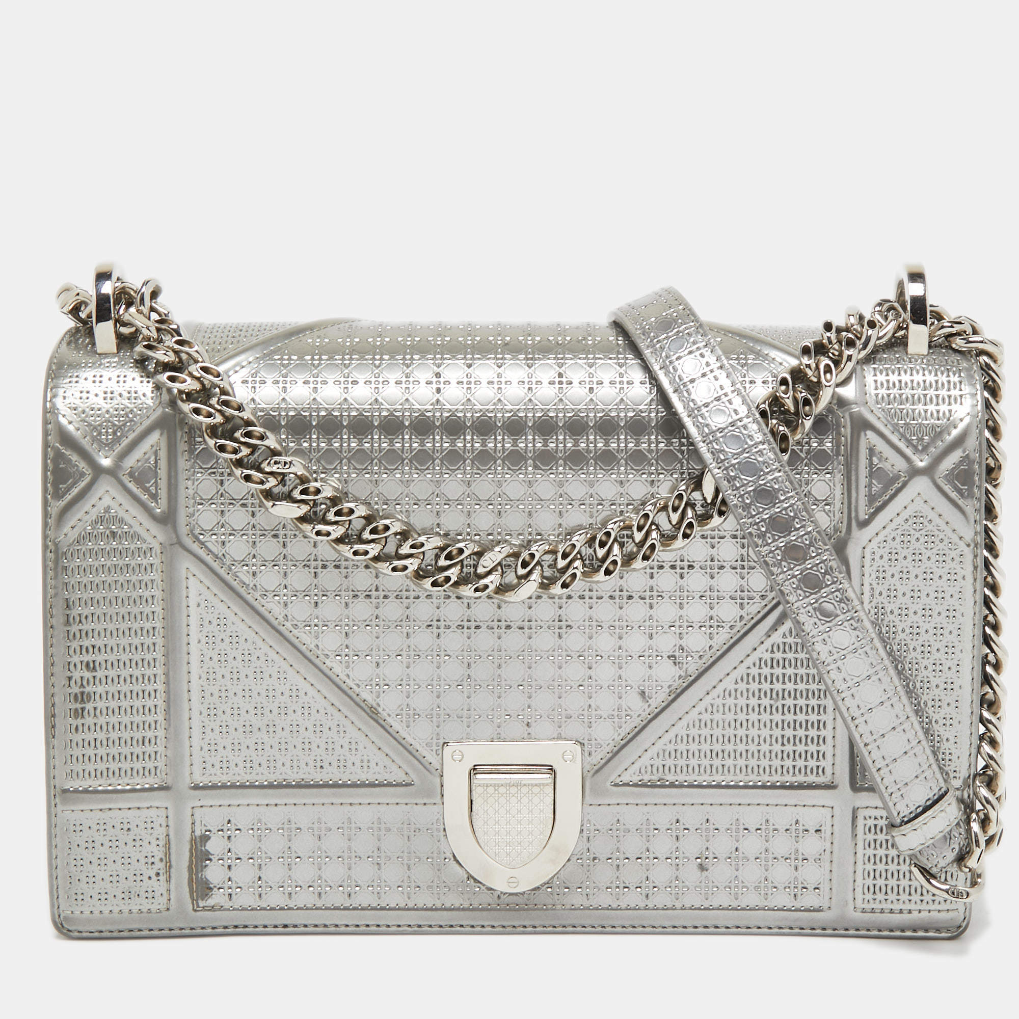 Dior Metallic Silver Micro Cannage Patent Leather Medium Diorama ...