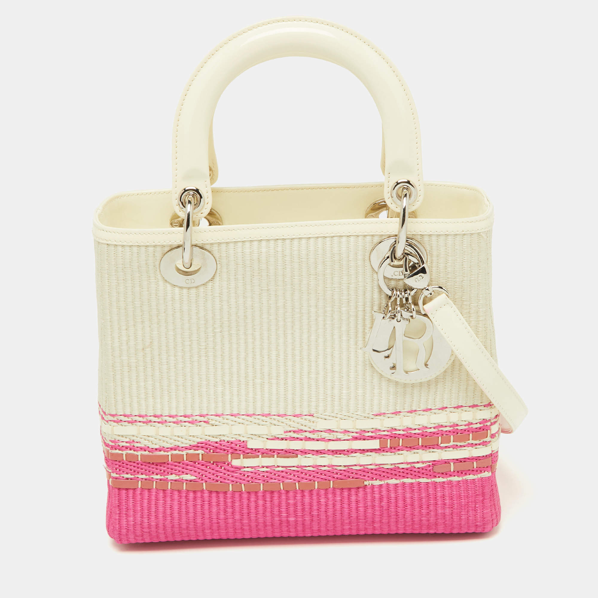 Dior Off White/Pink Raffia and Patent Leather Medium Lady Dior Tote ...