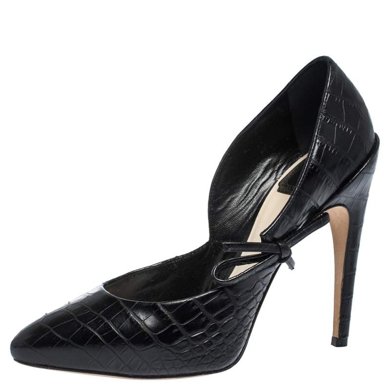 Dior Black Croc Embossed Leather Bow Embellished Pointed Toe Pumps Size ...