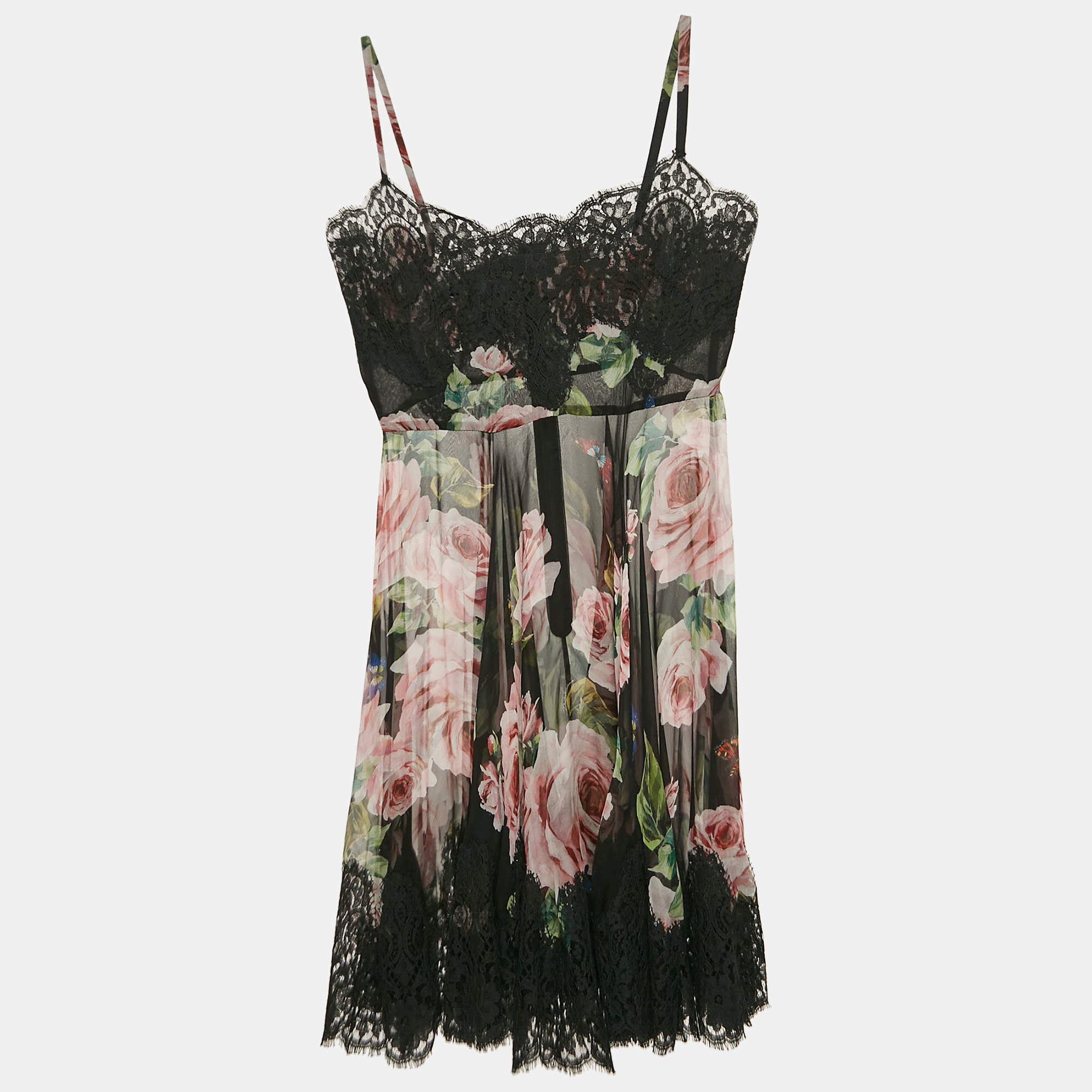 Dolce & Gabbana Black Floral Print Silk Lace Trim Sheer Intimate Dress ...