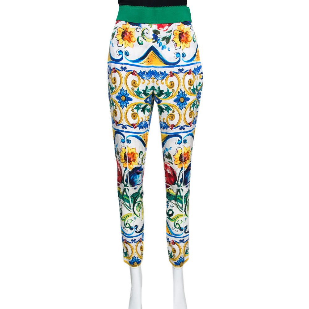 Dolce And Gabbana Majolica Printed Silk Elasticized Waist Skinny Pants L
