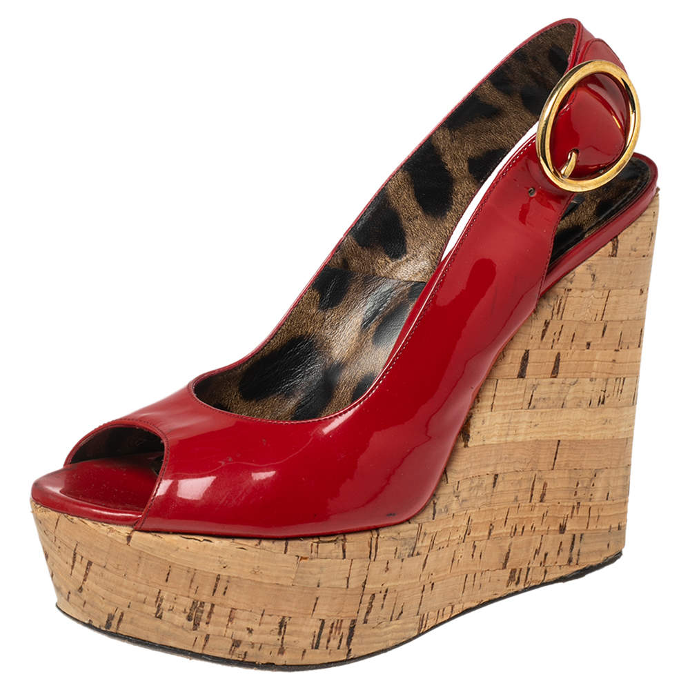 Dolce & Gabbana Red Patent Leather Cork Wedge Platform Slingback ...