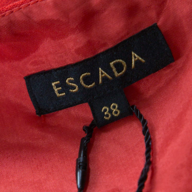 Escada Melon Red Crepe Gathered Fabric O-Ring Detail Cap Sleeve Dress M ...