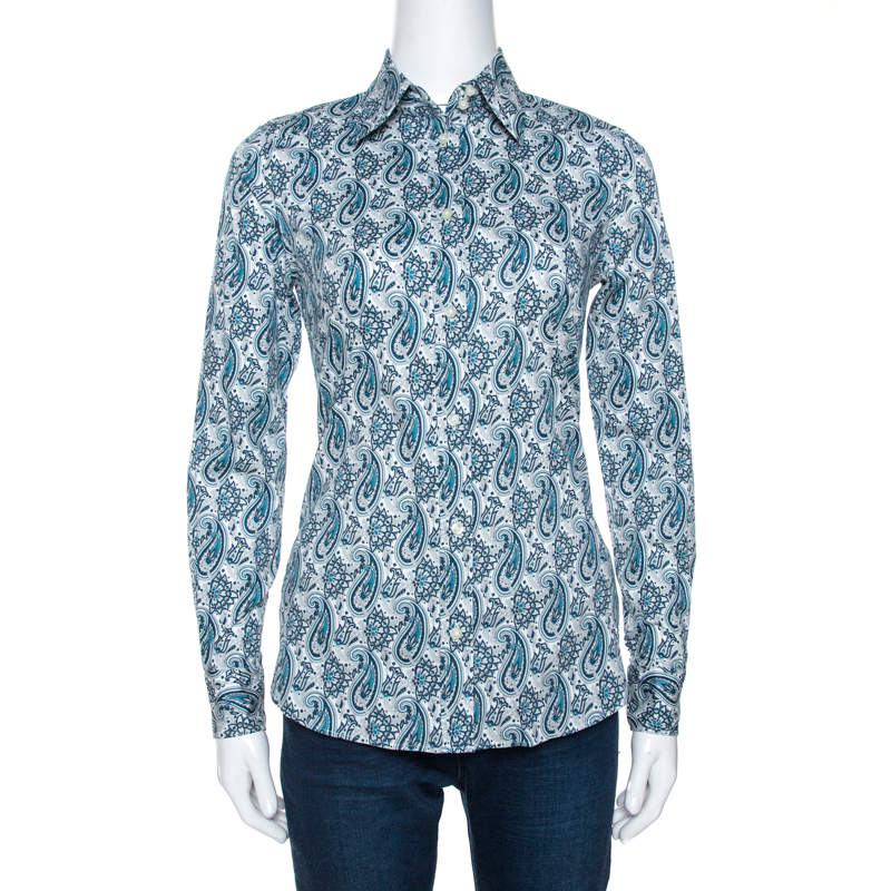 Etro Teal Blue Paisley Printed Stretch Cotton Shirt S Etro | The Luxury ...