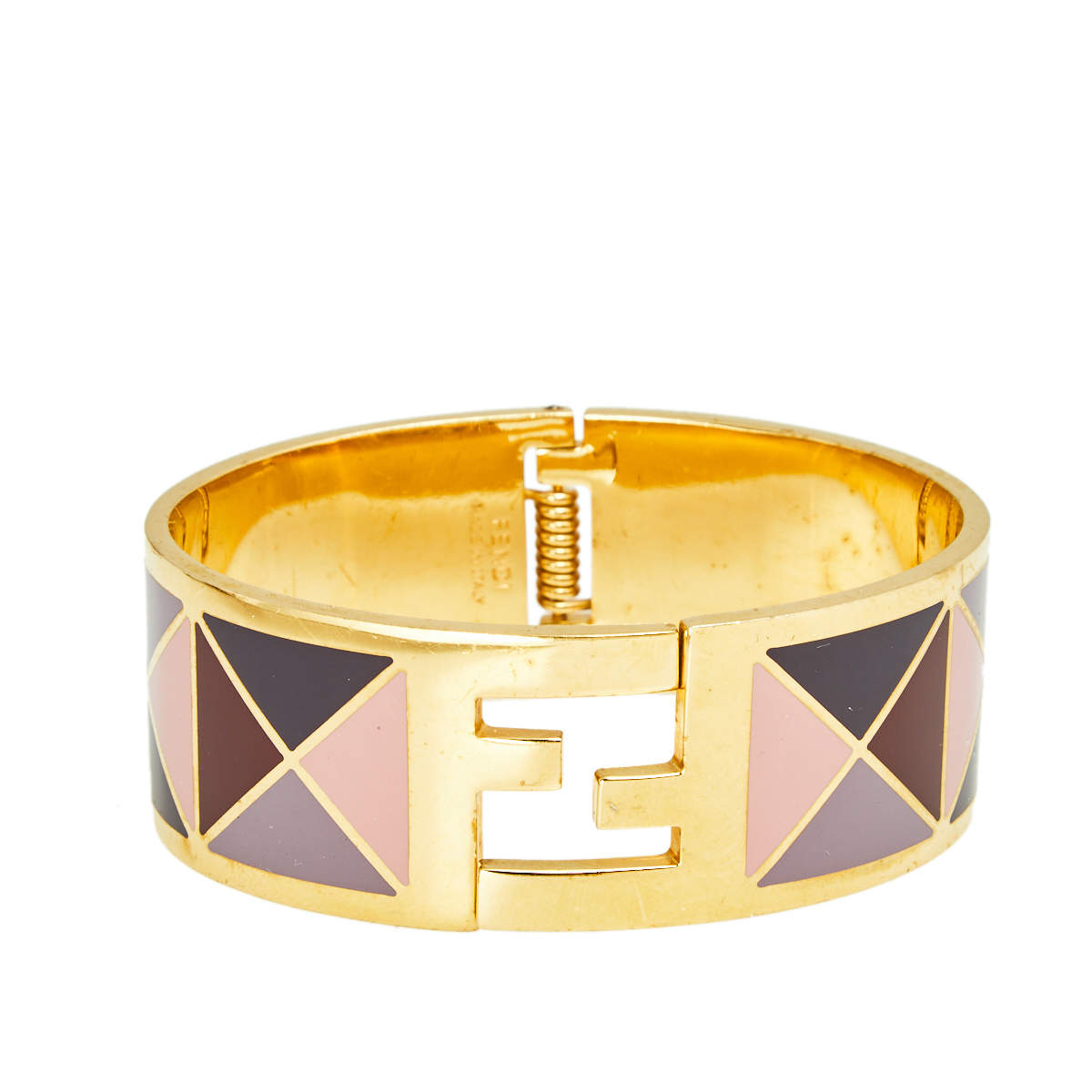 Fendi The Fendista Multicolor Geometric Enamel Gold Tone Wide Bracelet ...