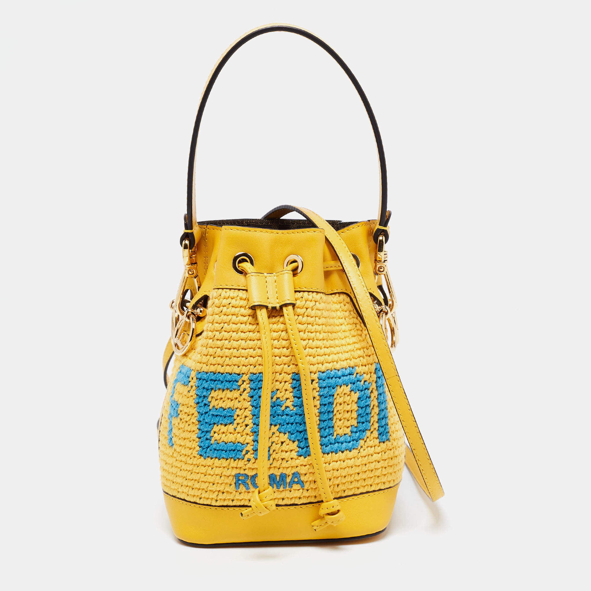Fendi Yellow Crochet and Leather Mini Mon Tresor Drawstring Bucket Bag ...