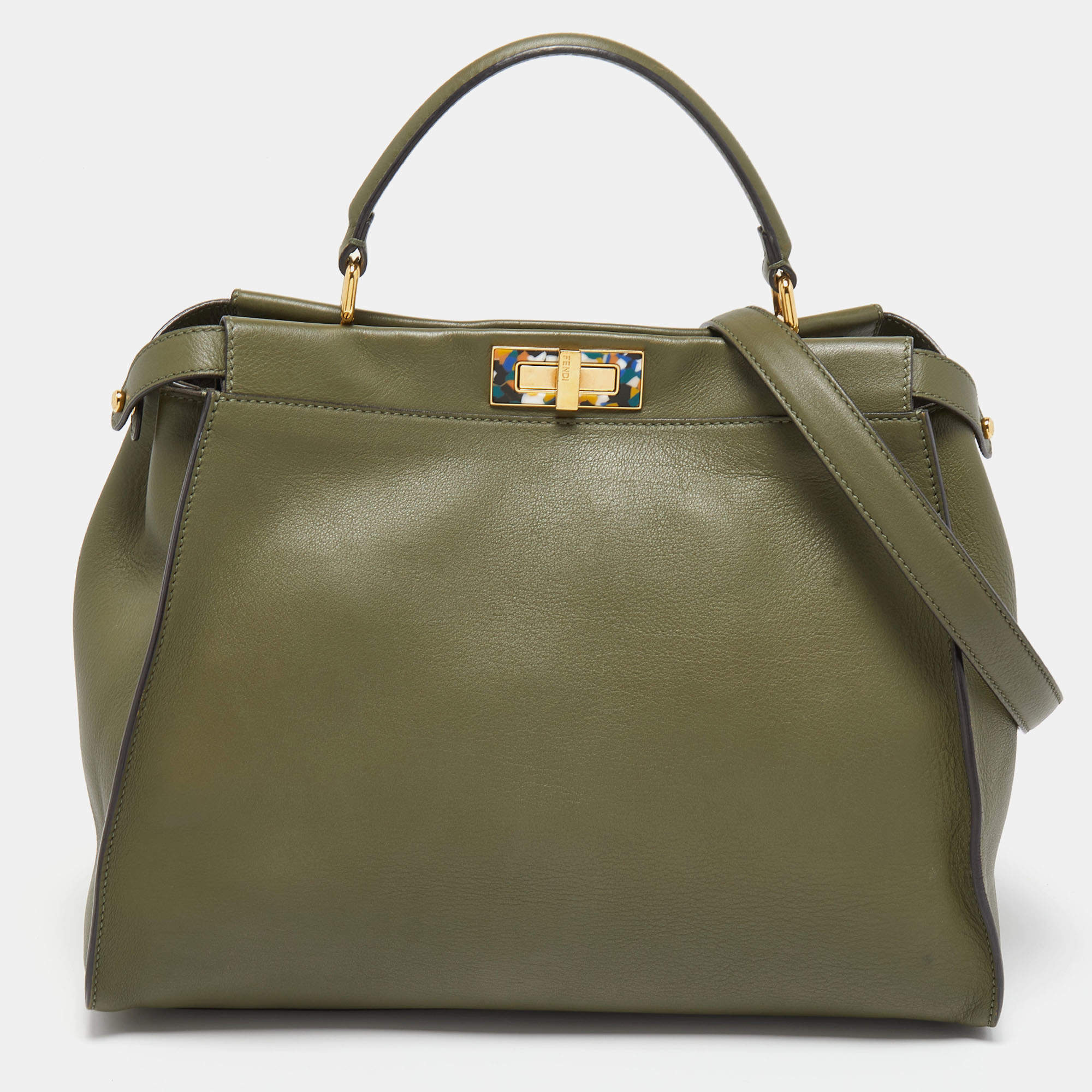Fendi Khaki Green Printed Perspex And Leather Large Peekaboo Top Handle