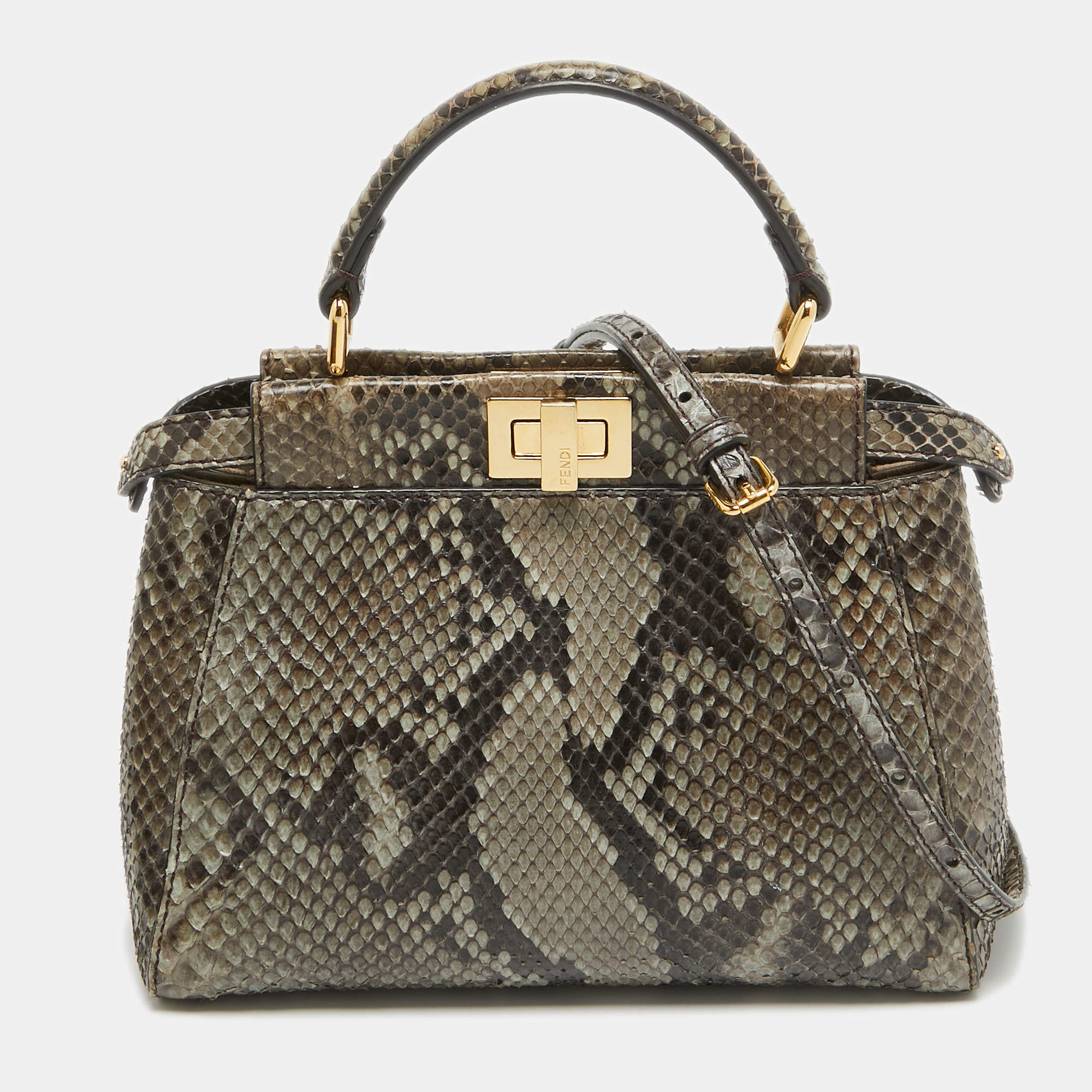 Fendi Black Pale Green Python Mini Peekaboo Top Handle Bag Fendi The