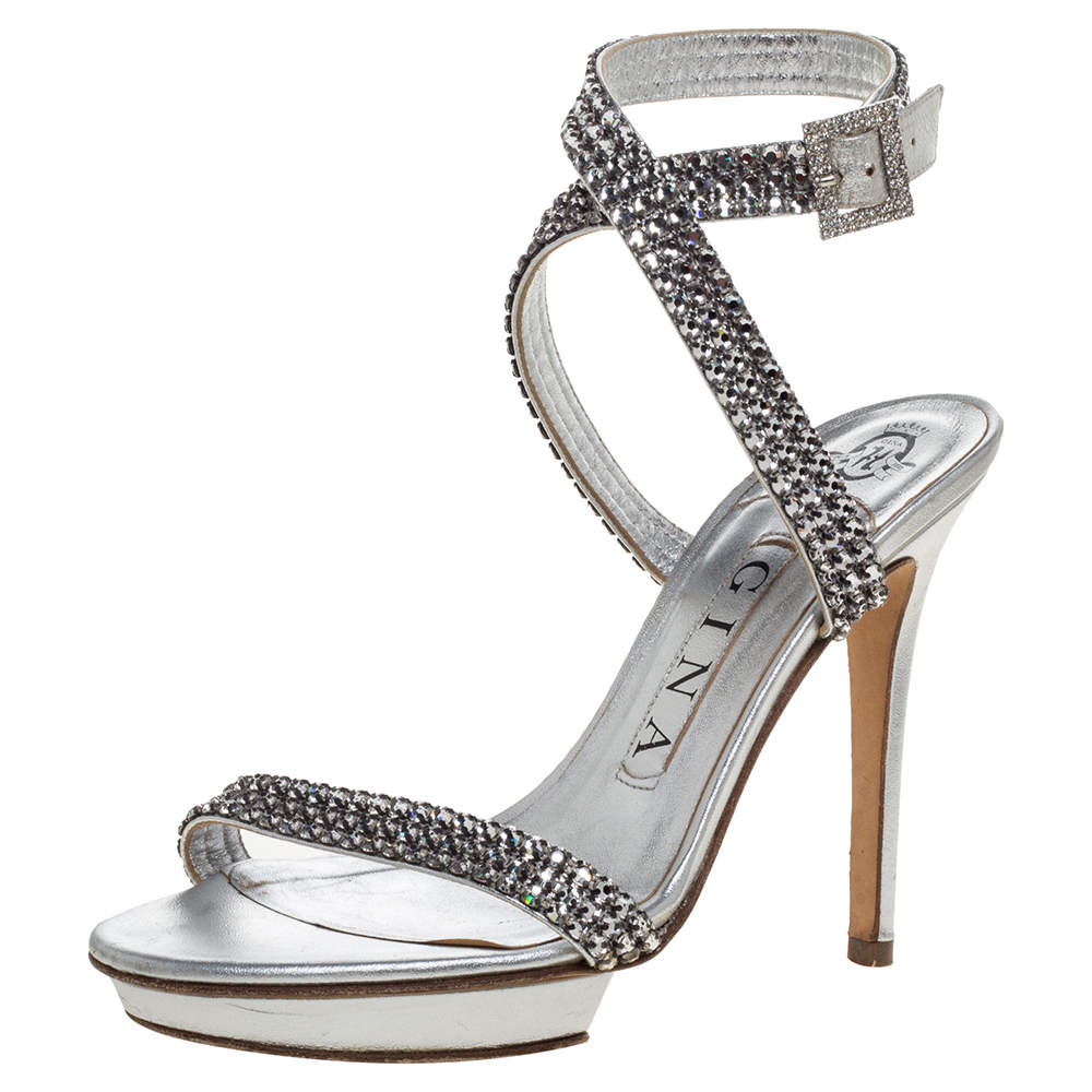 Gina Metallic Silver Crystal Embellished Leather Cross Ankle Gina Metallic Silver Crystal Embellished Leather Cross Ankle