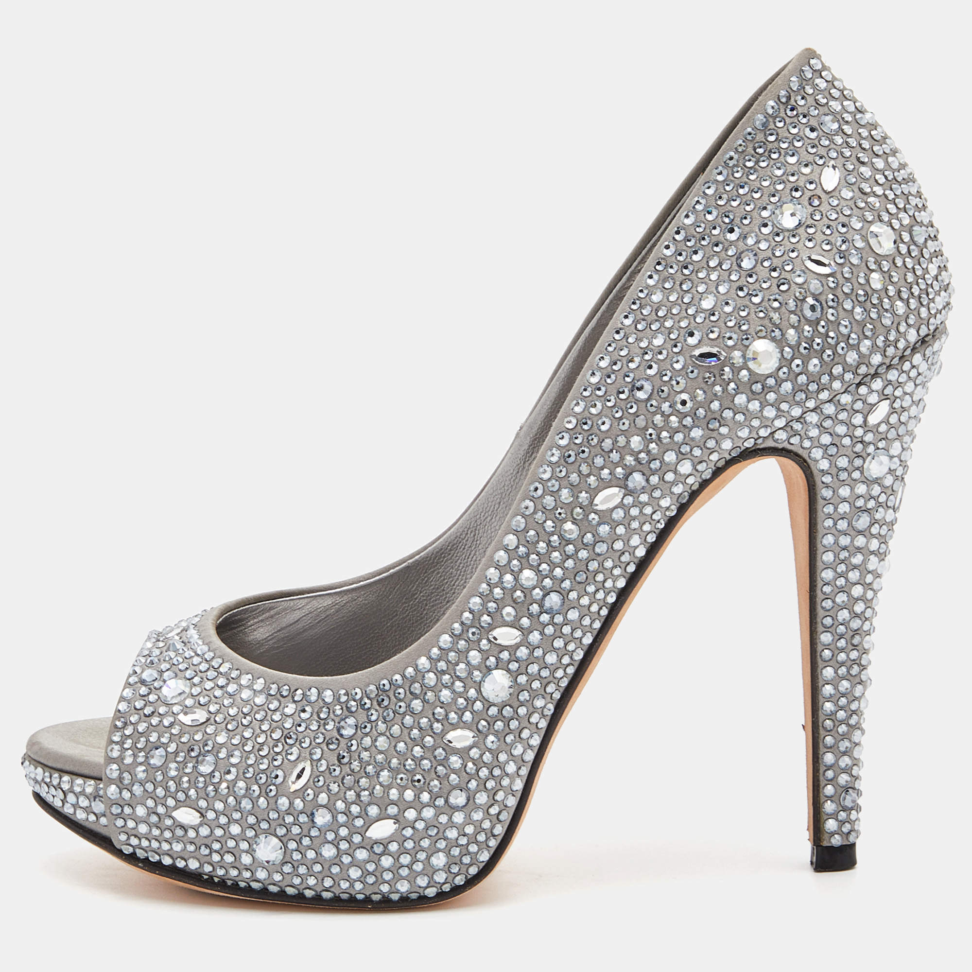 Gina Silver Satin Crystal Embellished Peep Toe Platform Pumps Size 38 Gina | The Luxury Closet