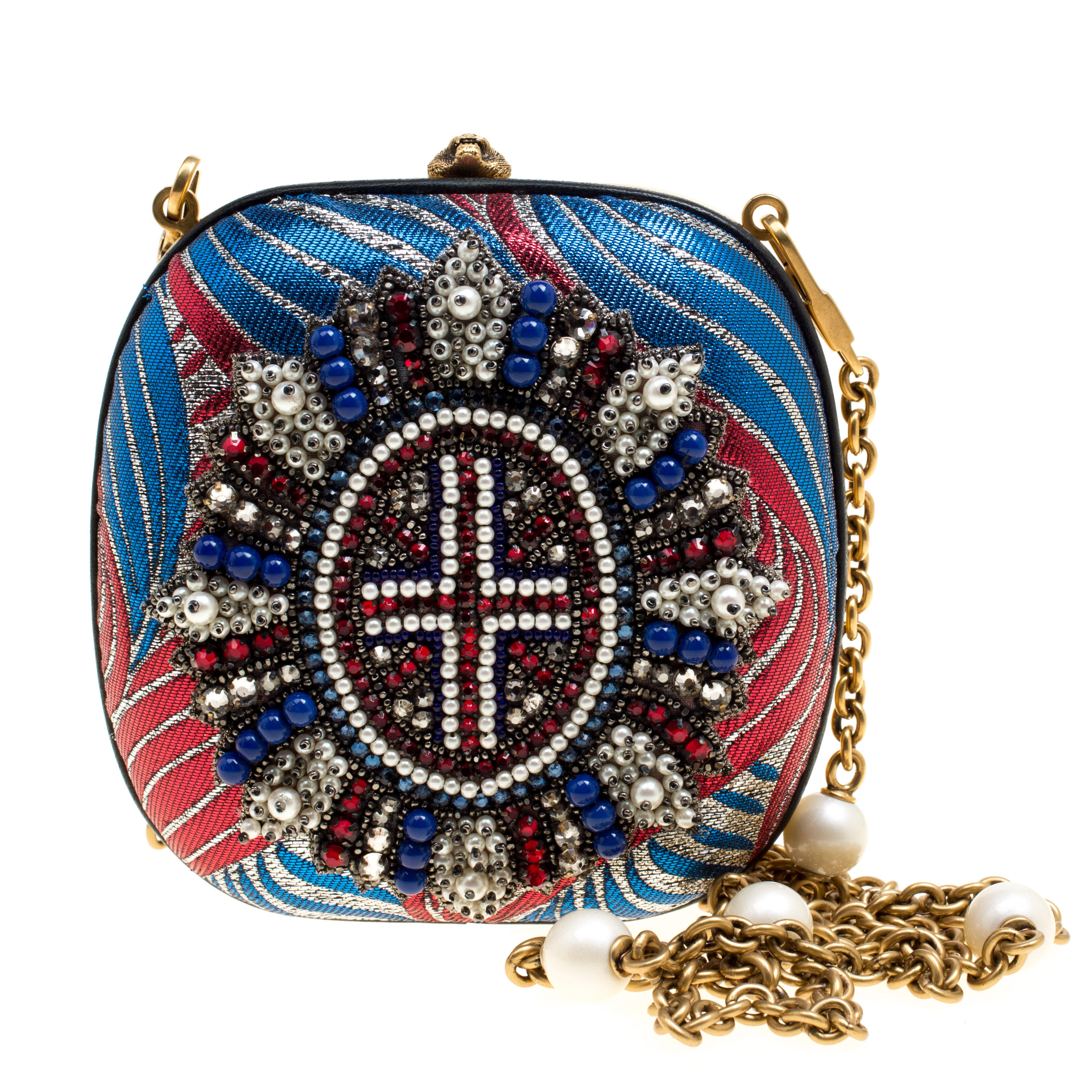 Gucci Multicolor Metallic Brocade Broadway Faux Pearl Embellished