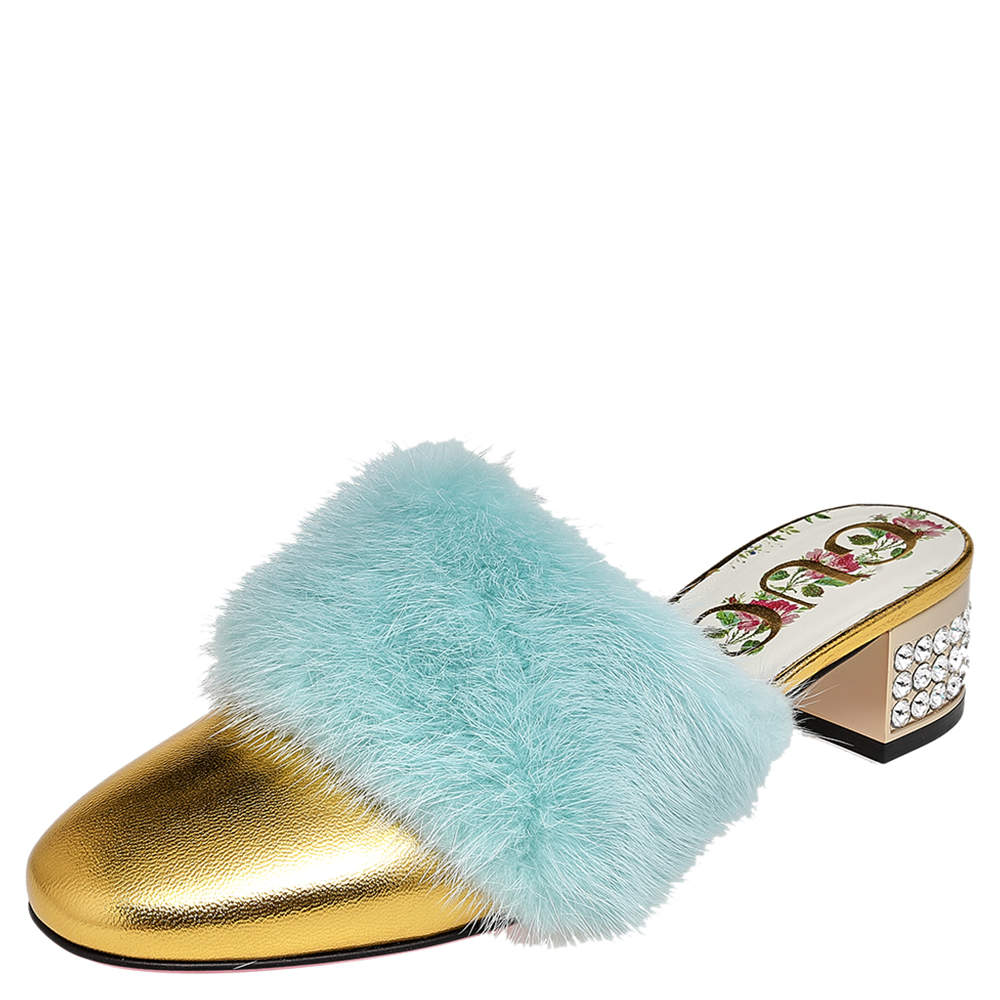 Gucci Gold/Blue Fur And Leather Candy Mink Mules Size 35 Gucci | The ...