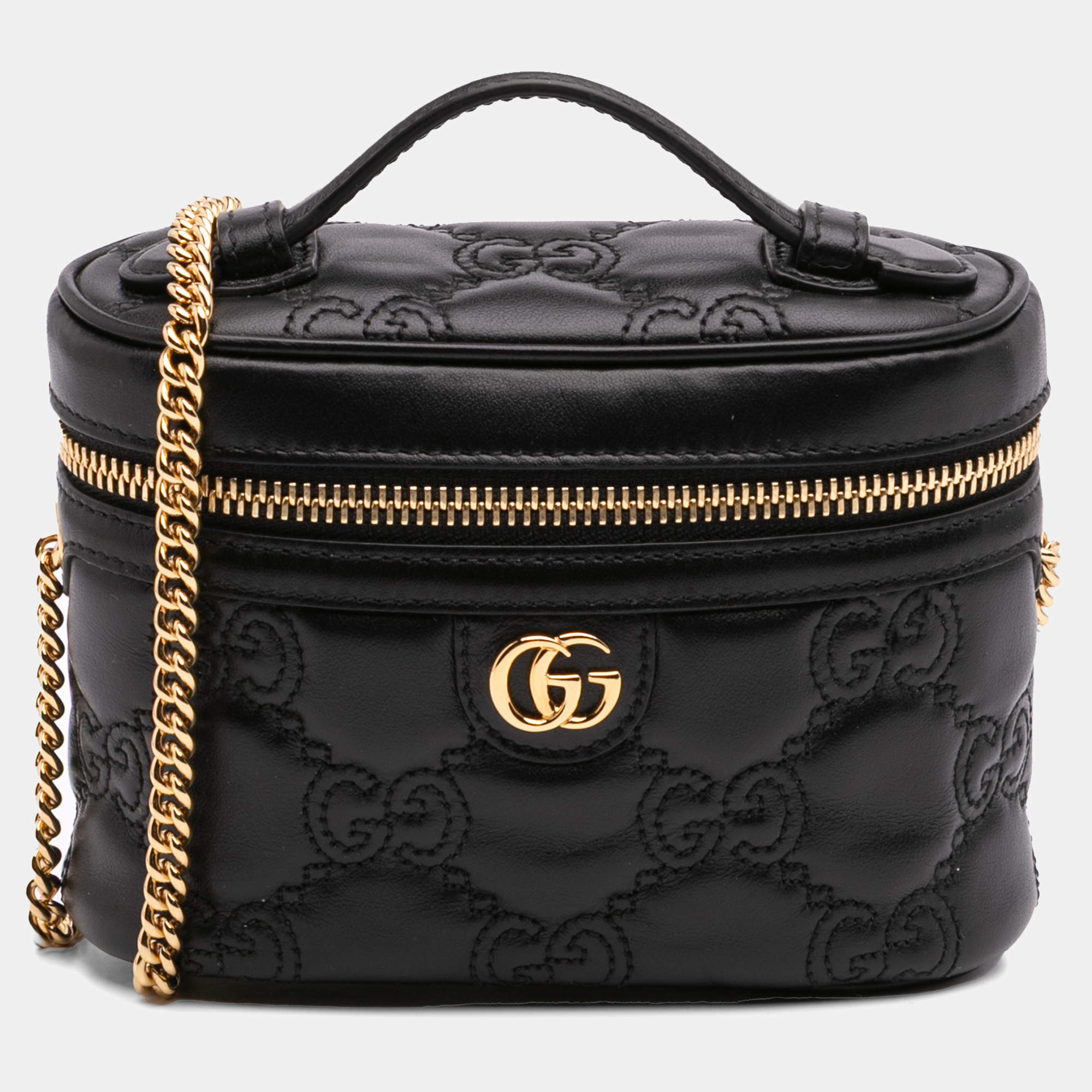 Gucci Black Mini GG Marmont Matelasse Leather Top Handle Vanity Chain ...
