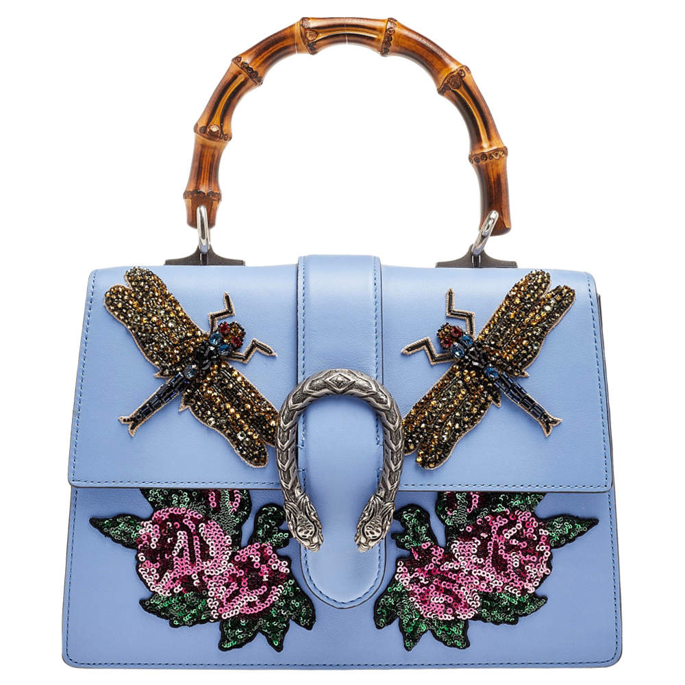 Gucci Blue Leather Embroidered Medium Dionysus Bamboo Top Handle Bag ...