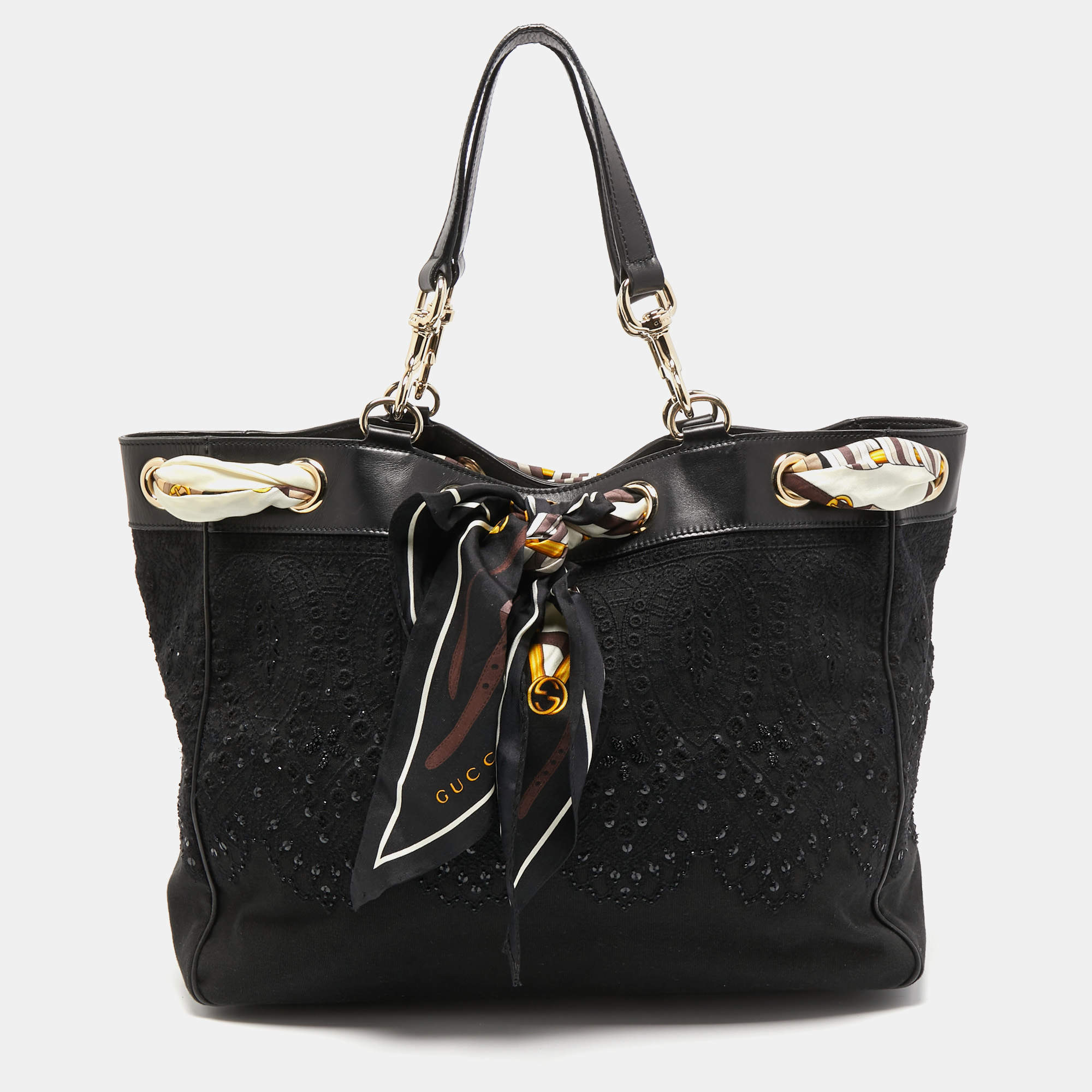 Gucci Black Canvas and Leather Large Positano Embellished Scarf Tote ...