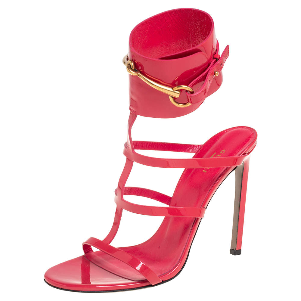 Gucci Pink Patent Leather Ursula Horsebit Ankle-Strap Sandals Size 41 ...