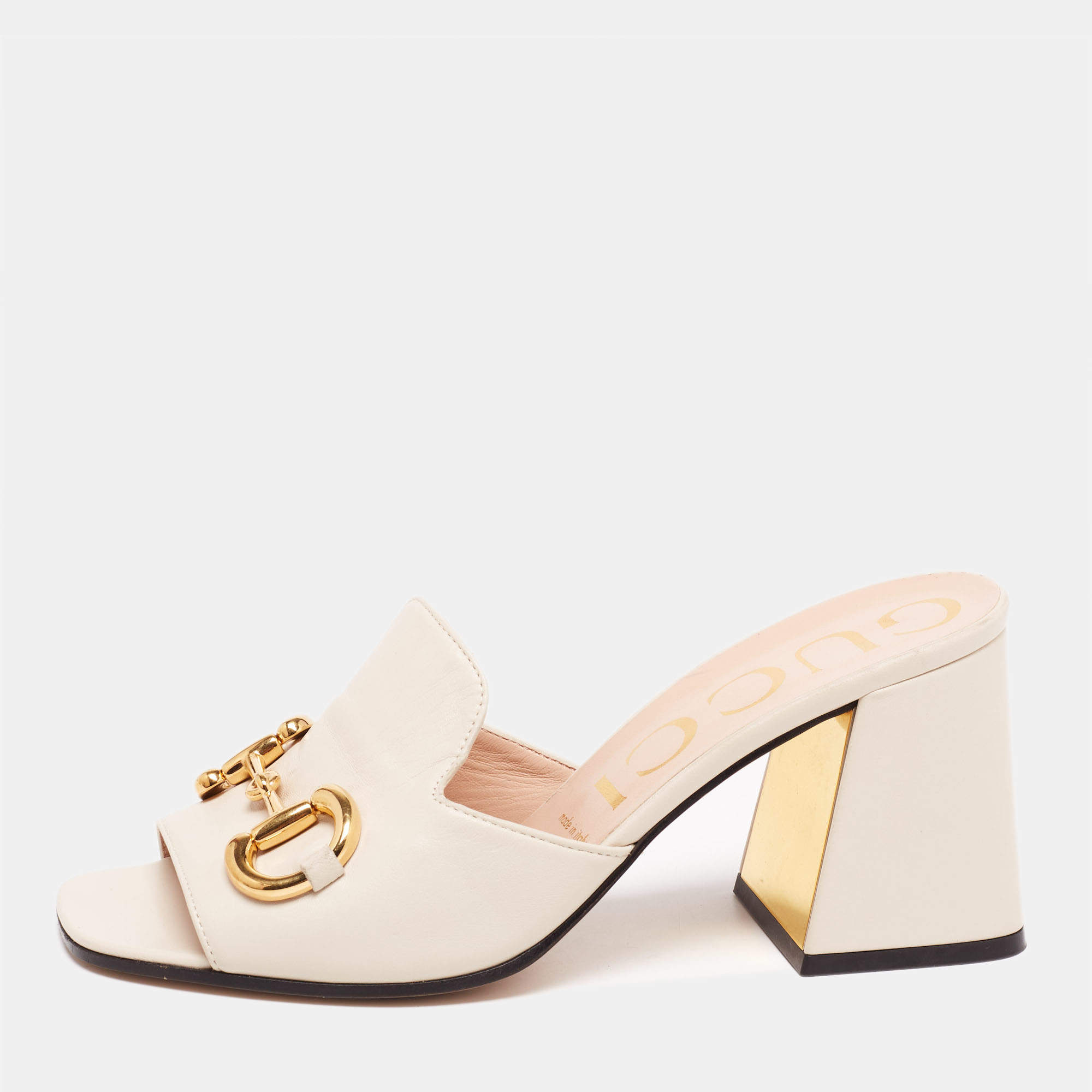 Gucci Cream Leather Horsebit Block Heel Slide Sandals Size 38 Gucci ...