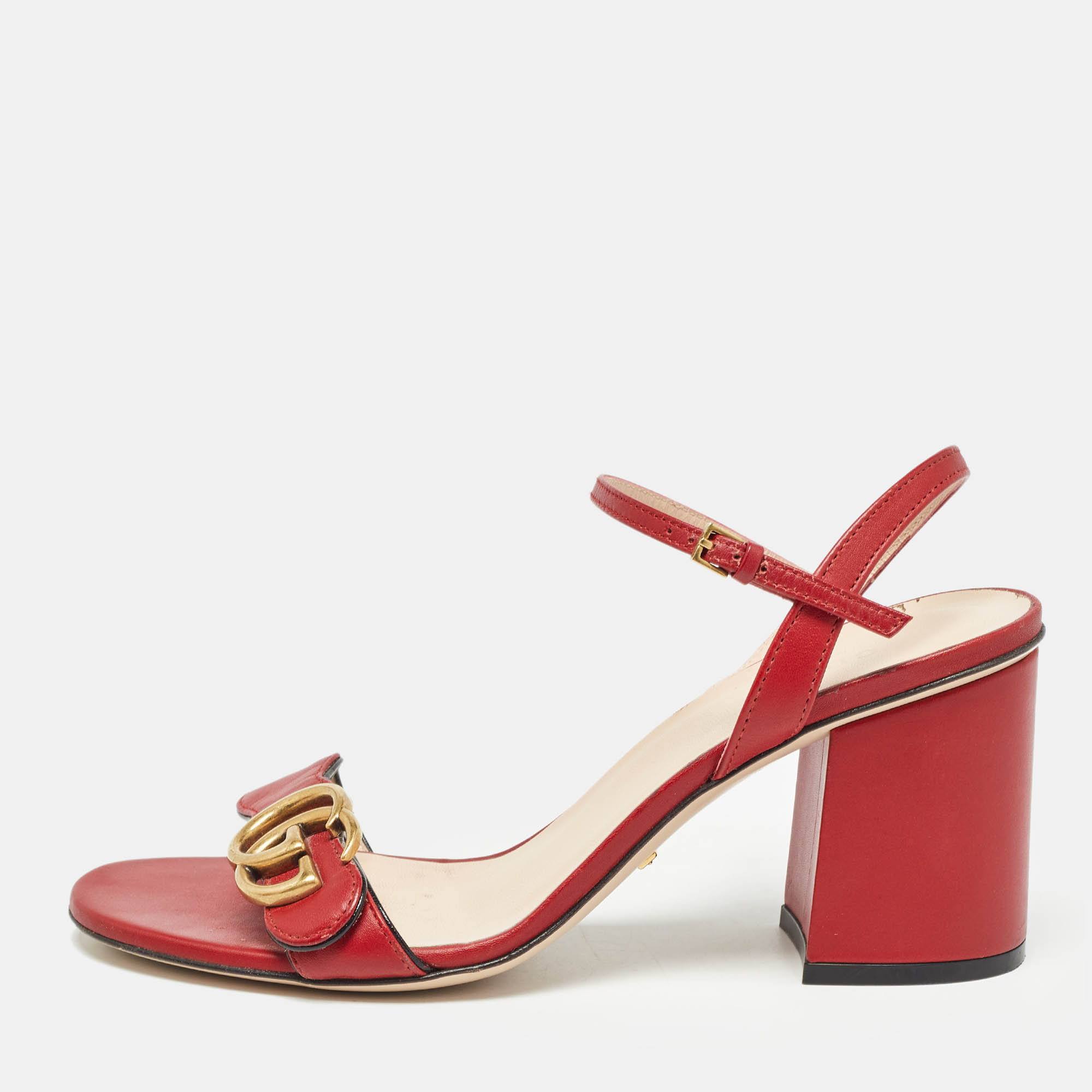 Gucci Red Leather Gg Marmont Ankle Strap Sandals Size 37 Gucci The
