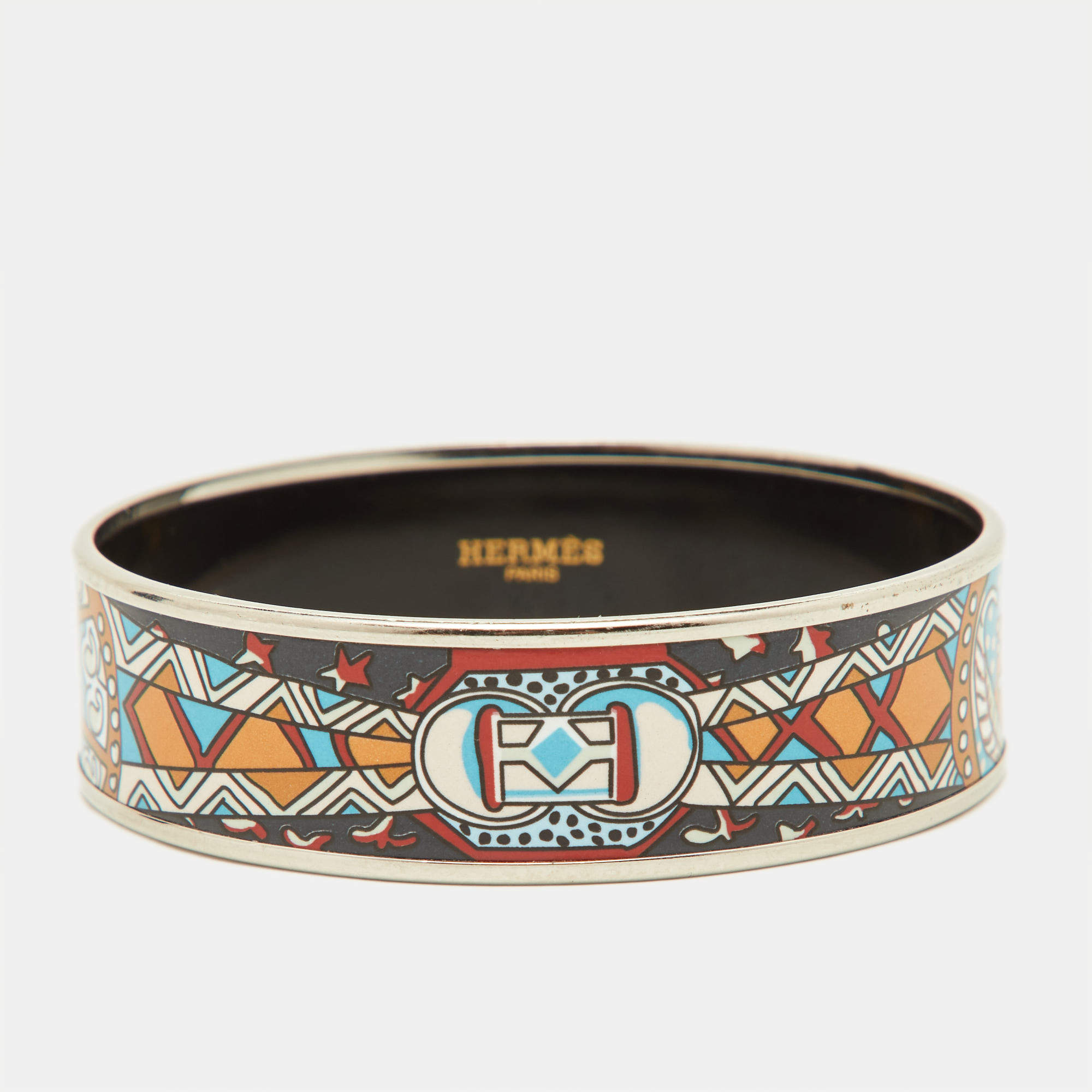 Hermes Multicolor Enamel & Palladium Plated Metal Rim Bangle Hermes ...
